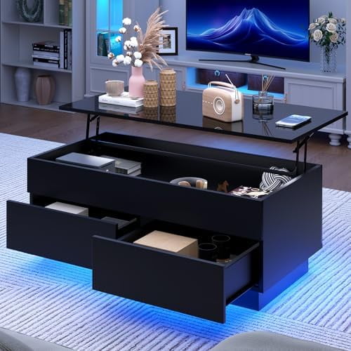 40'' Lift Top Coffee Table, Black Coffee Tables with Storage for Living Room, LED Modern Coffee ...