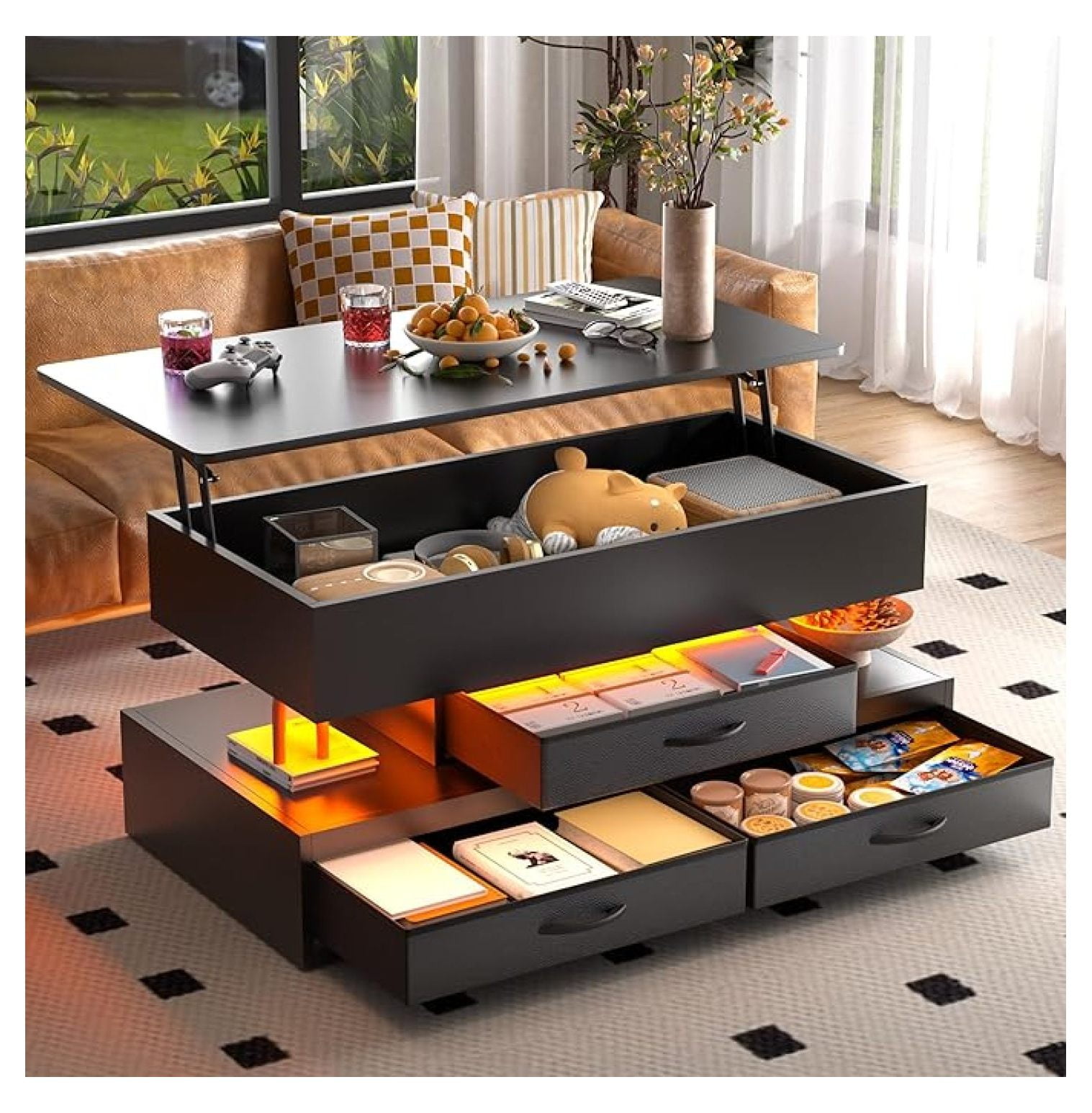 40" Lift Top Coffee Table with LED Lights & Storage, Farmhouse Living ...