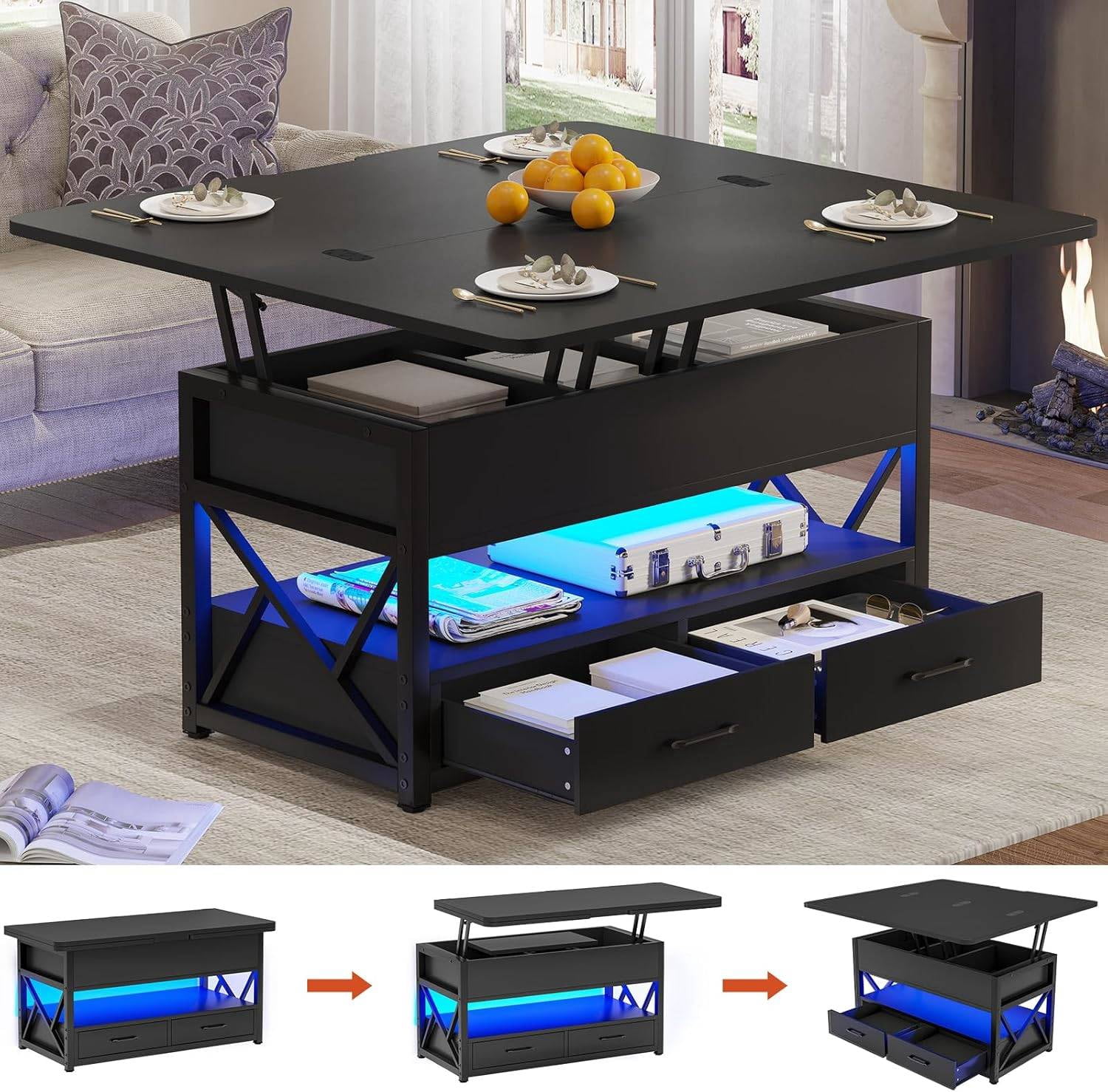 40" Lift Top Coffee Table with Storage, 2 Drawers & RGB LED Light ...