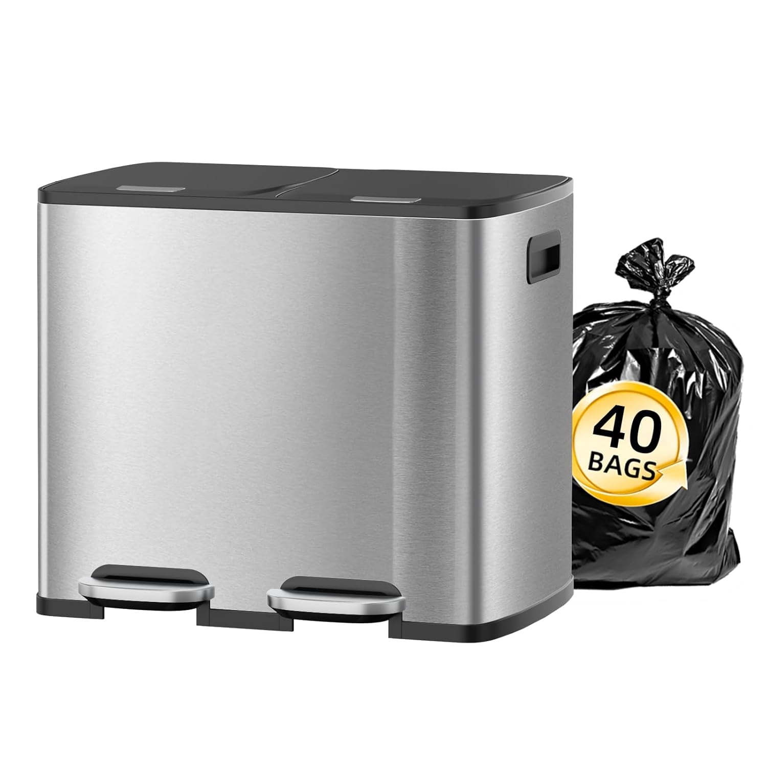 40 Liter / 10.6 Gallon Dual Trash Can with Lid, Stainless Steel Kitchen ...