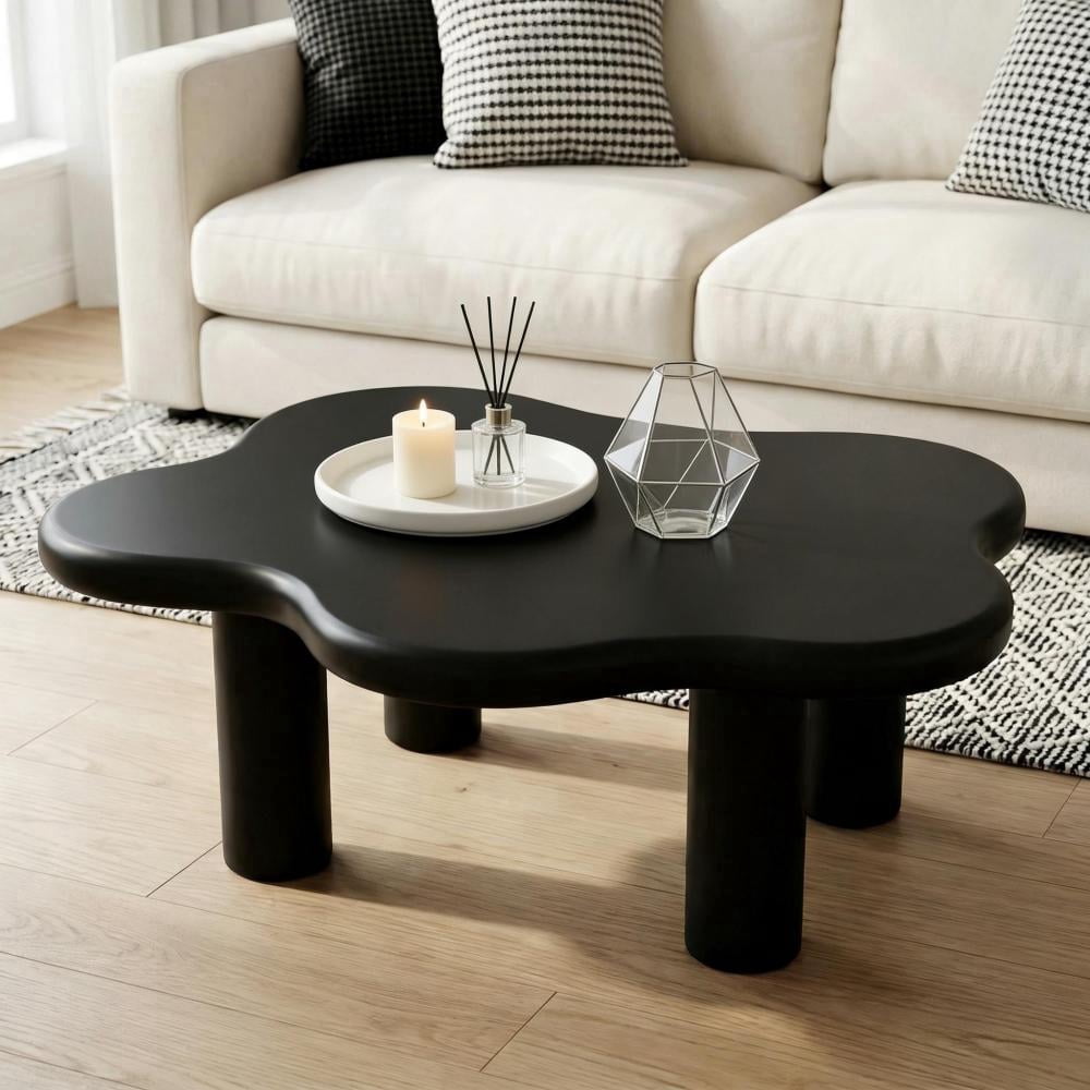40" Black Cloud-Shaped Coffee Table with 4 Round Legs, Modern Irregular ...