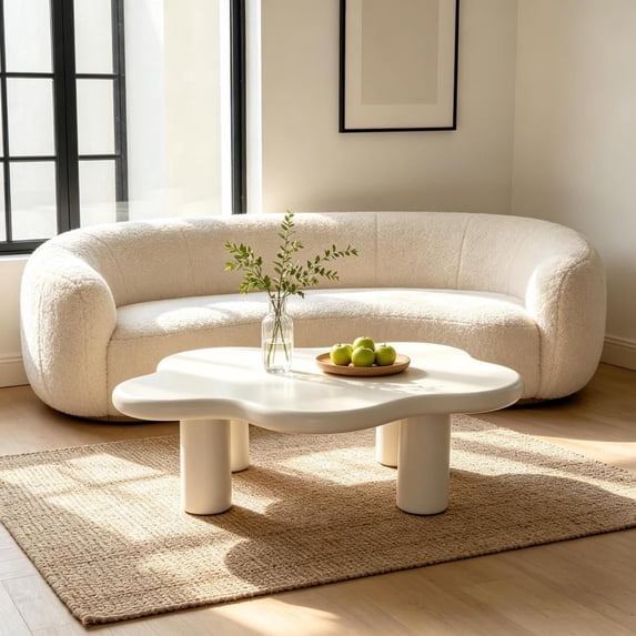 40" White Cloud-Shaped Coffee Table with 4 Round Legs, Modern Irregular ...