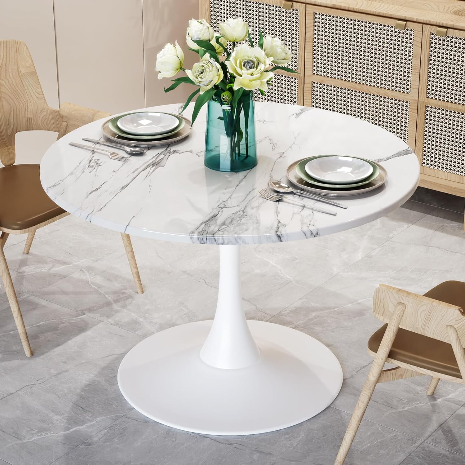 40" Modern Tulip Dining Table,Round Imitation Marble Top Table with Metal Pedestal Base, Mid ...