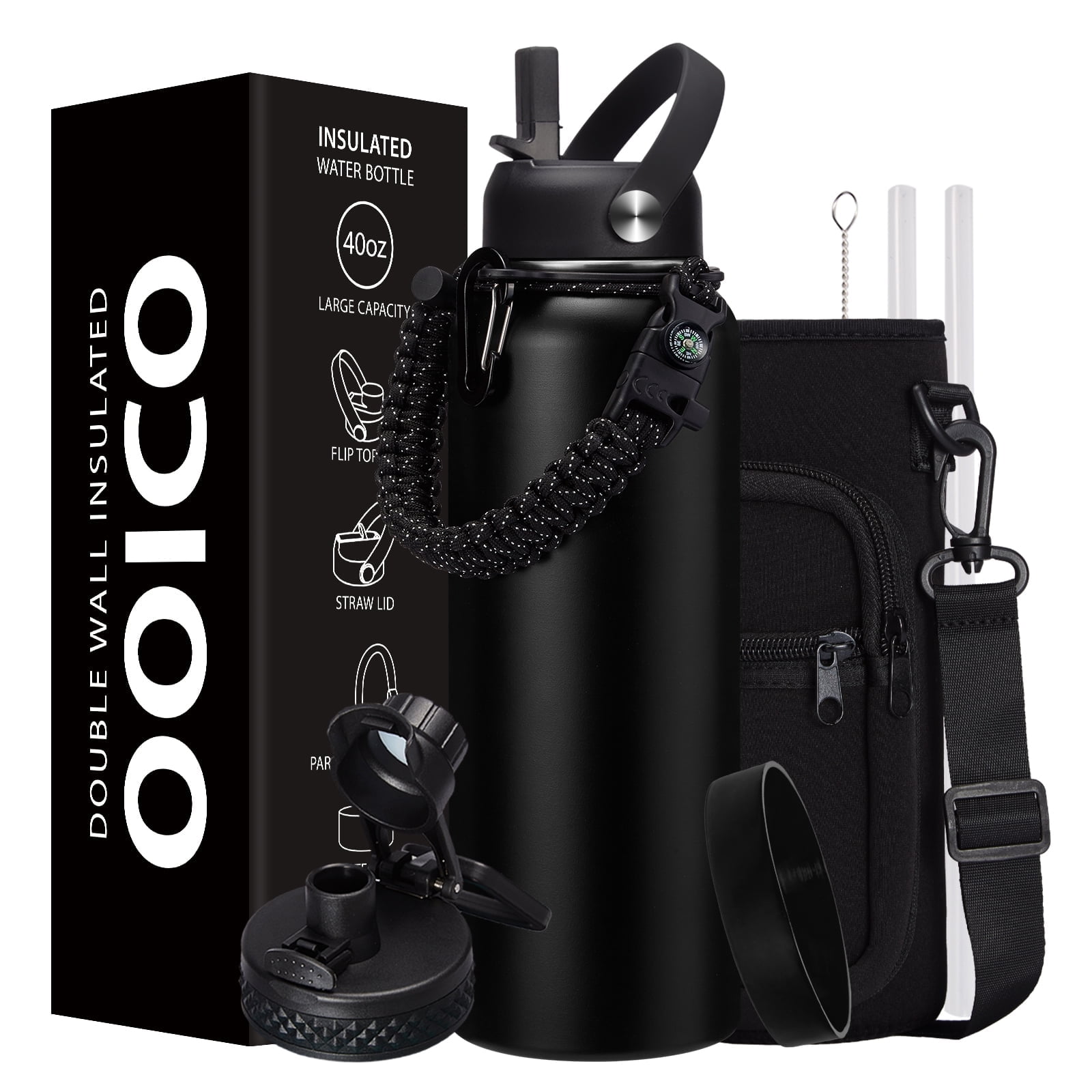 OOICO 40 OZ Insulated Water Bottle, Stainless Steel, Keeps Water Cold ...