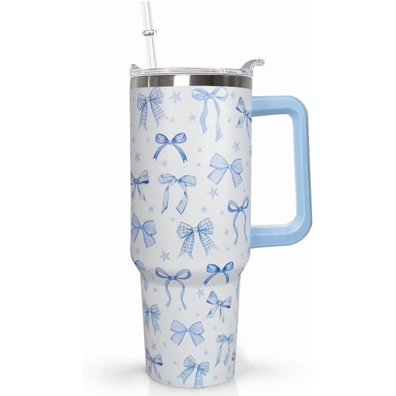40 Oz Blue Bow Tumbler With Handle, Blue Bow Decor Coffee Travel Mug ...