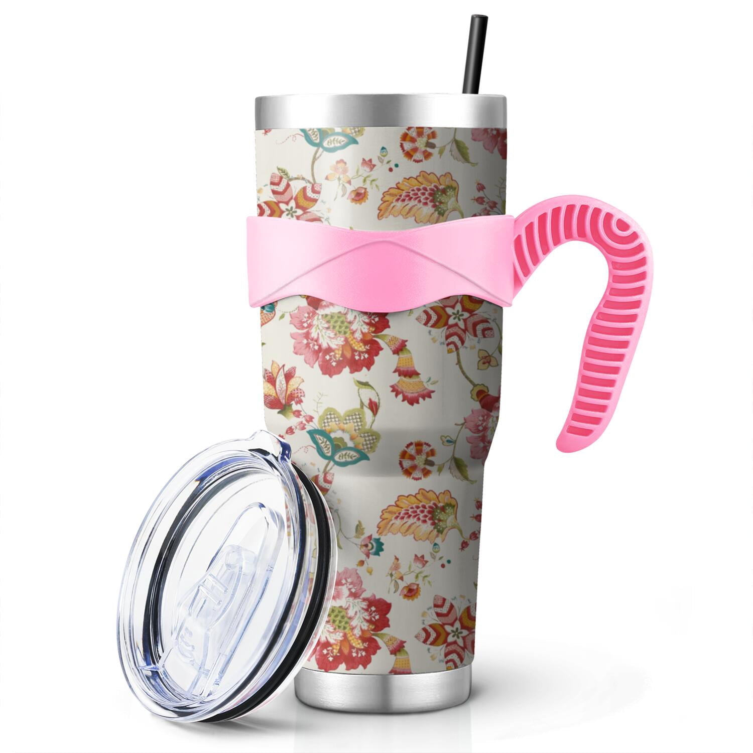 40 Oz Bohemian Retro Floral Tumbler with Handle and Silicone Straws ...