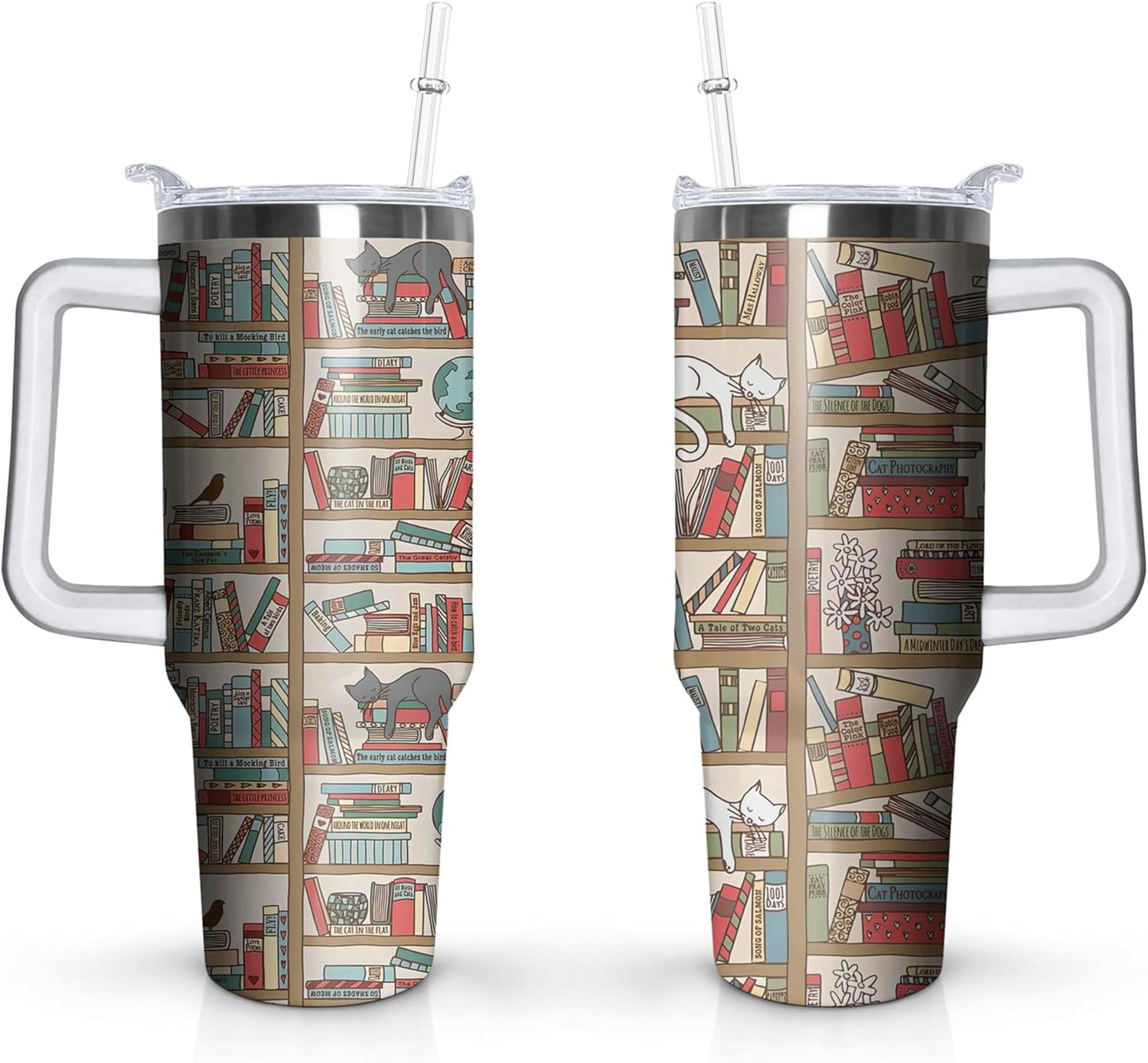 40 Oz Book Tumbler with Handle and Straw Lid, Insulated Bookshelf Mug ...