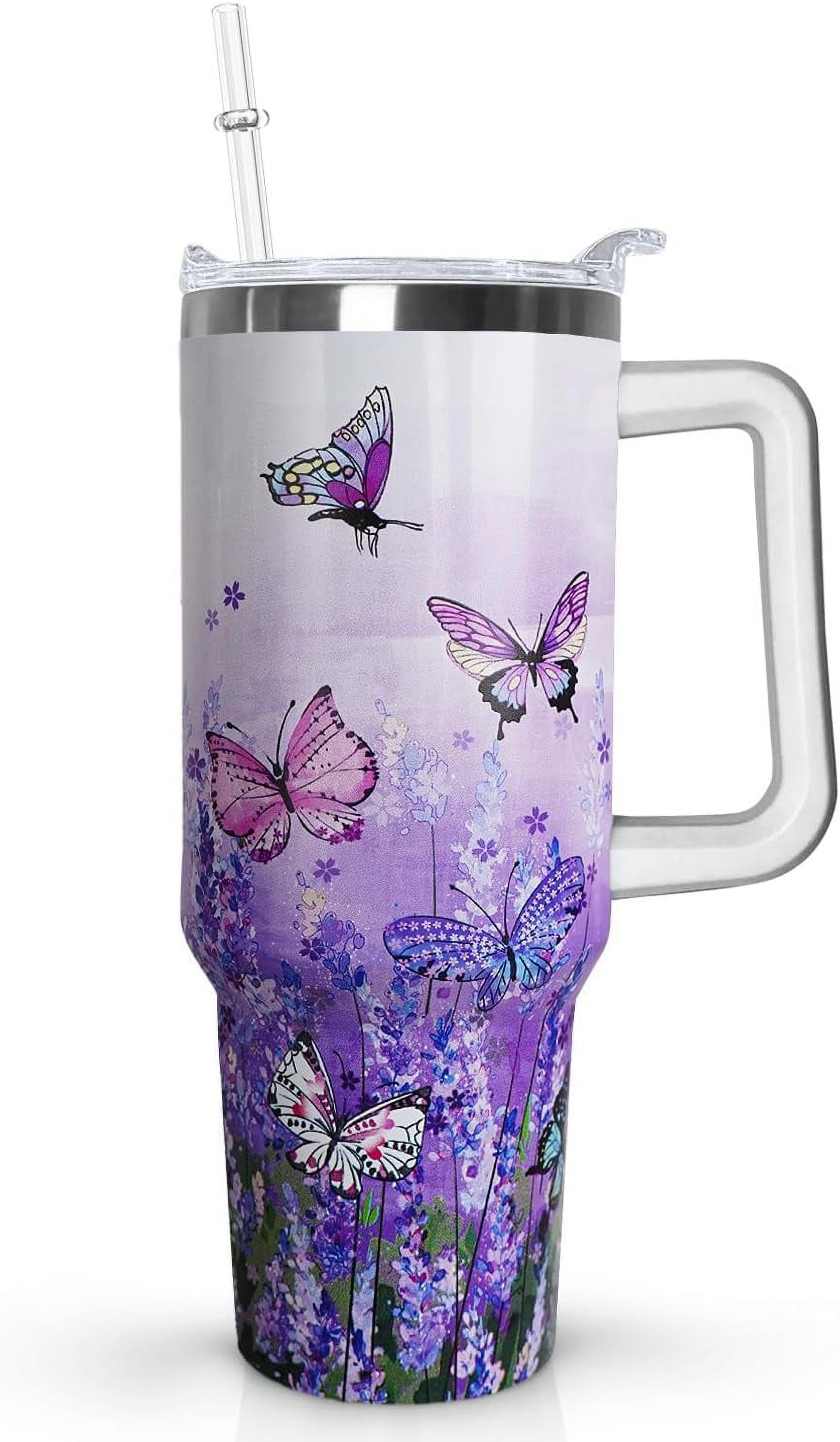 40 Oz Butterfly Tumbler with Handle Lid and Straw,Purple Butterfly ...