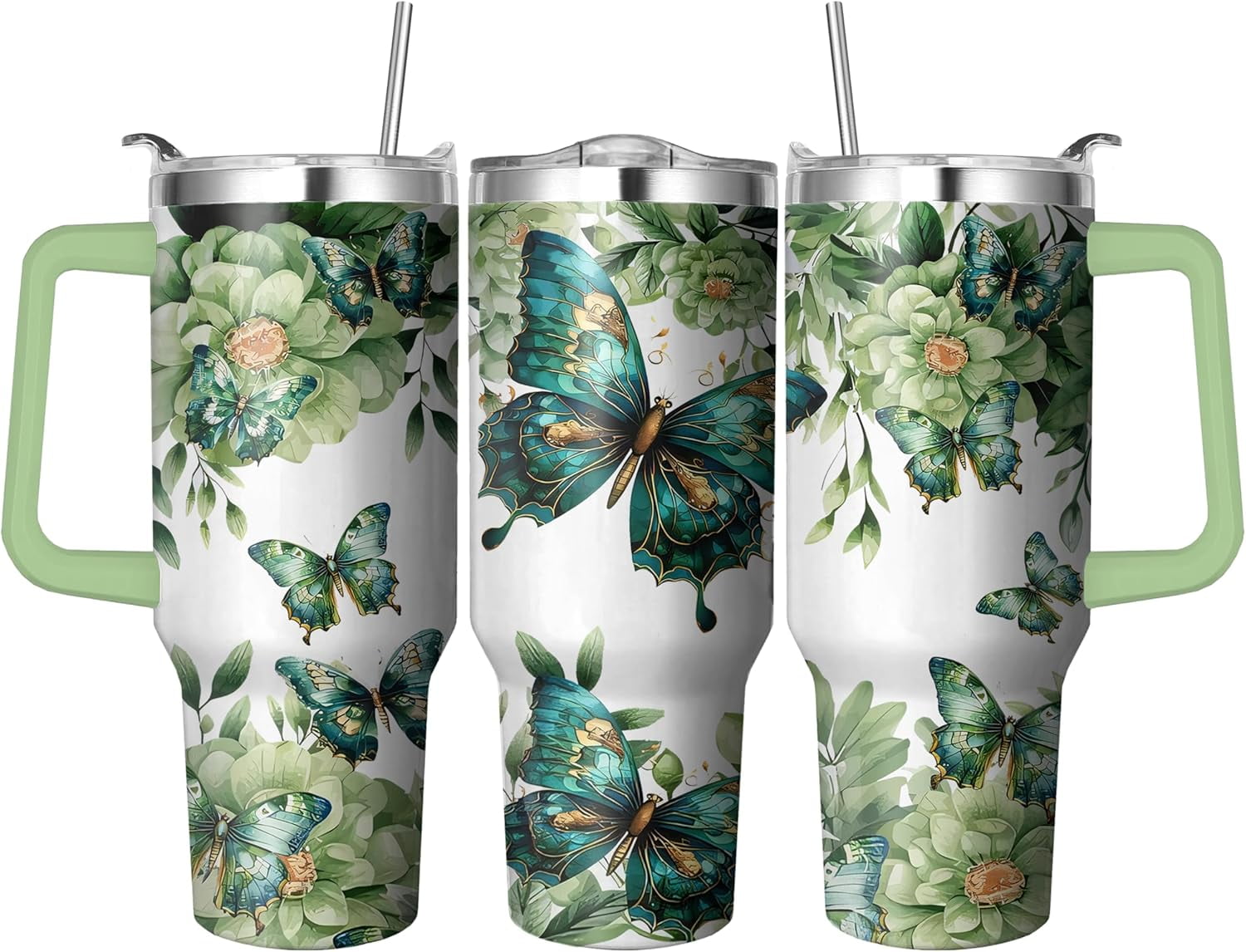 40 Oz Butterfly Tumbler with Handle and Straw, Double Wall Stainless ...