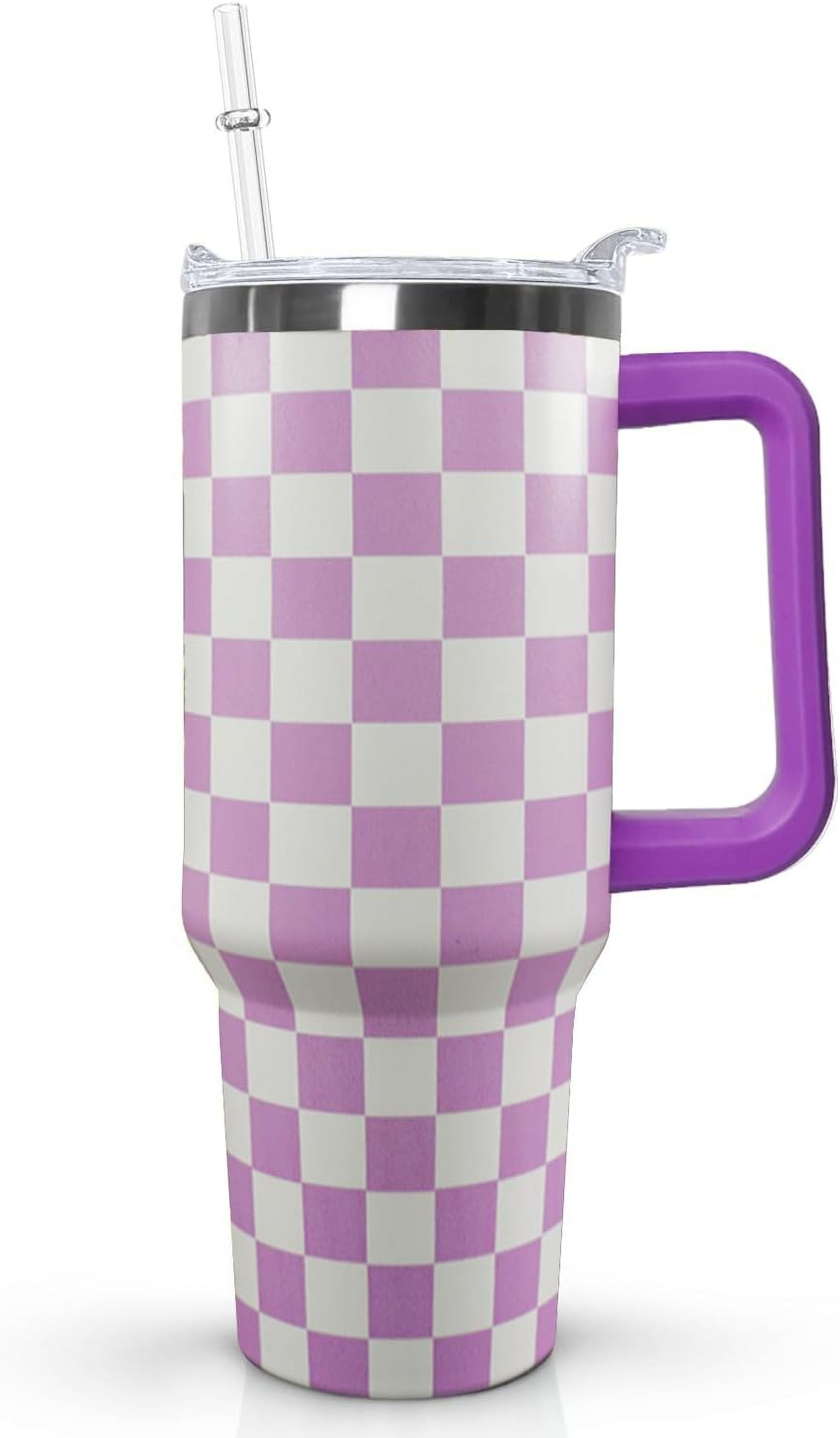 40 Oz Checkered Tumbler with Handle Lid and Straw, Purple Checkered ...