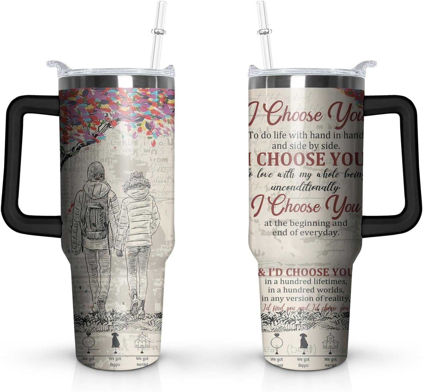 40 Oz Couples Tumbler with Handle and Straw, Anniversary Couple ...