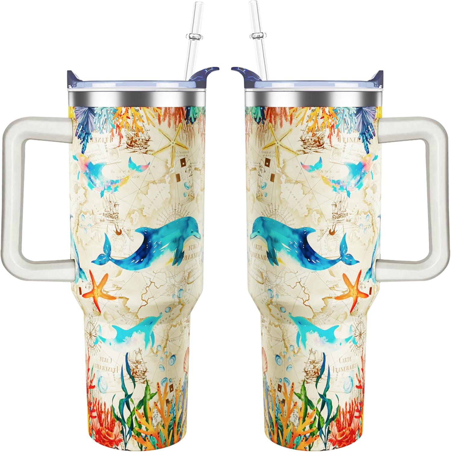 40 Oz Dolphin Theme Tumbler With Handle Lid Straw Double Insulated ...