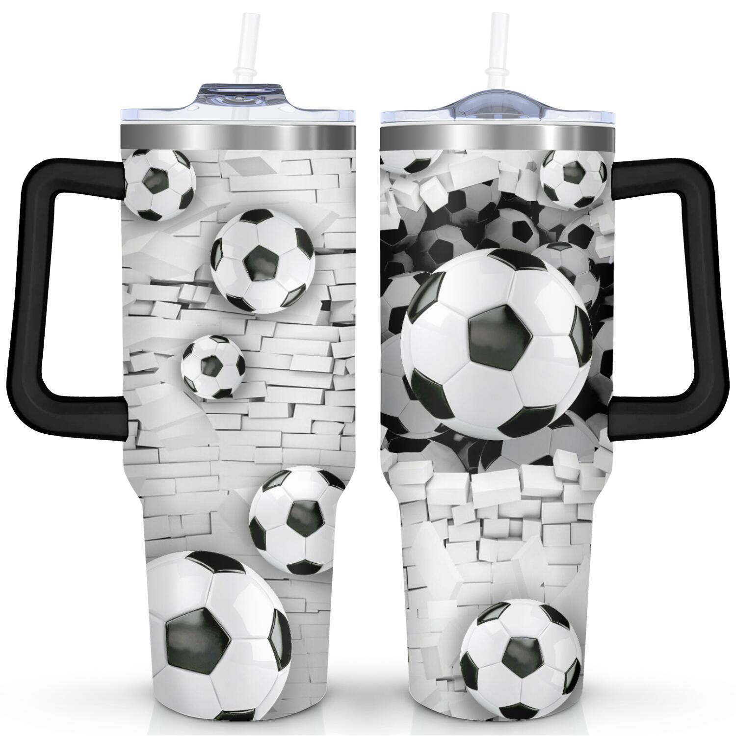 40 Oz Football Themed Tumbler with Handle and Straw, Double Wall Vacuum ...