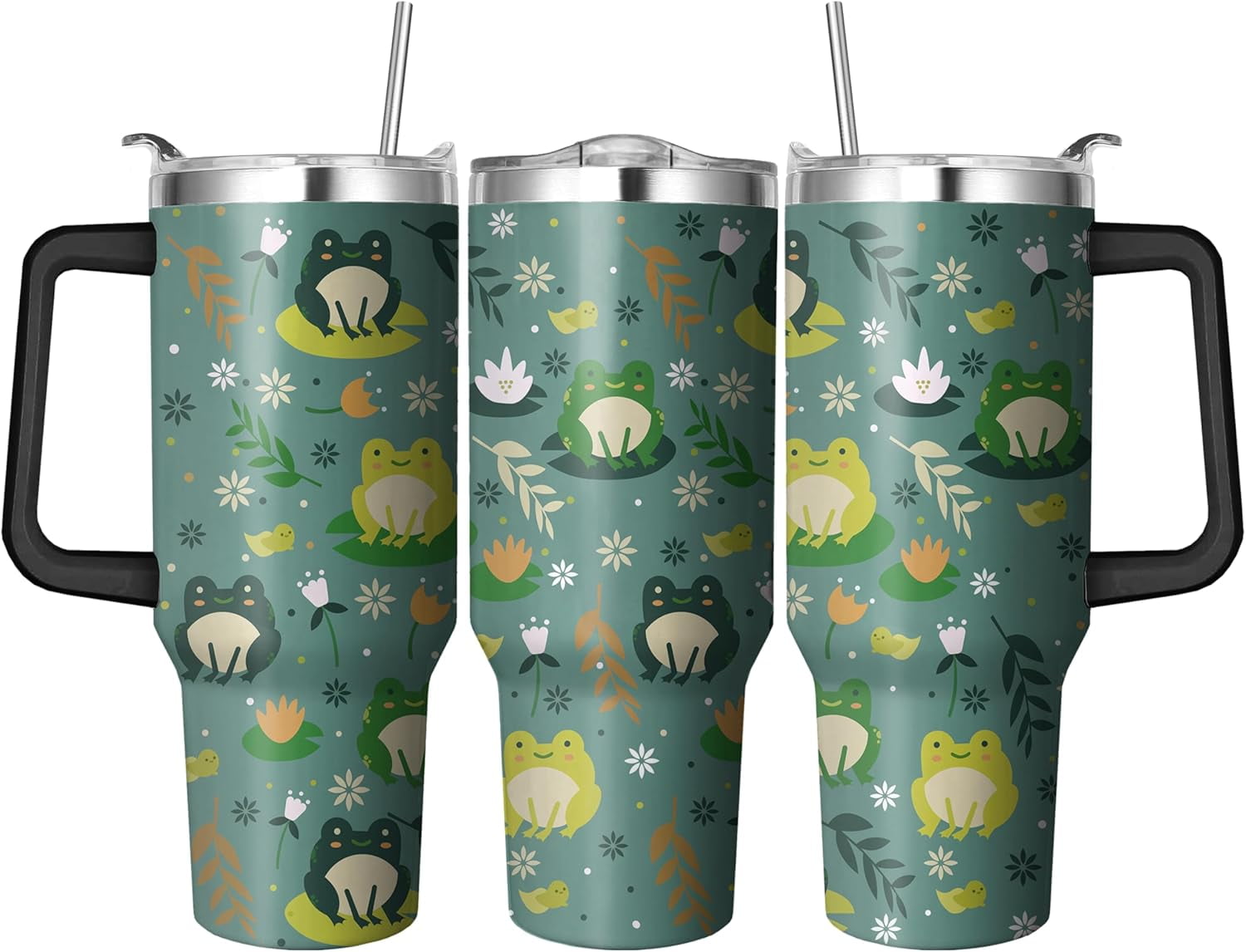40 Oz Frog Tumbler with Handle and Straw, Double Wall Stainless Steel ...