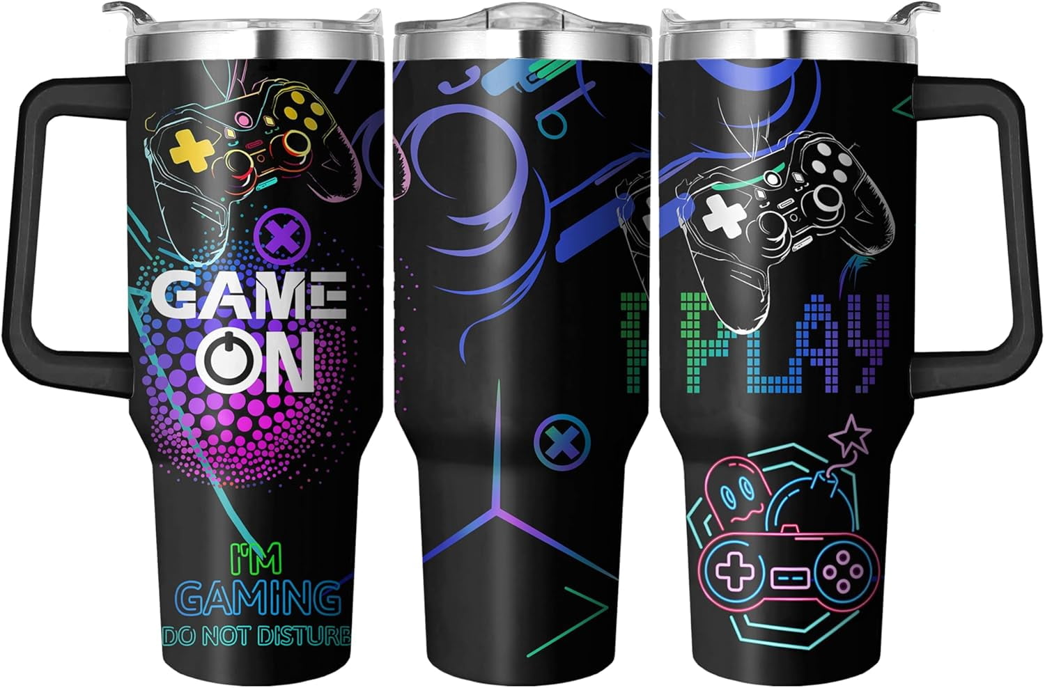 40 Oz Gamer Tumbler with Handle and Straw, Double Wall Coffee Travel ...