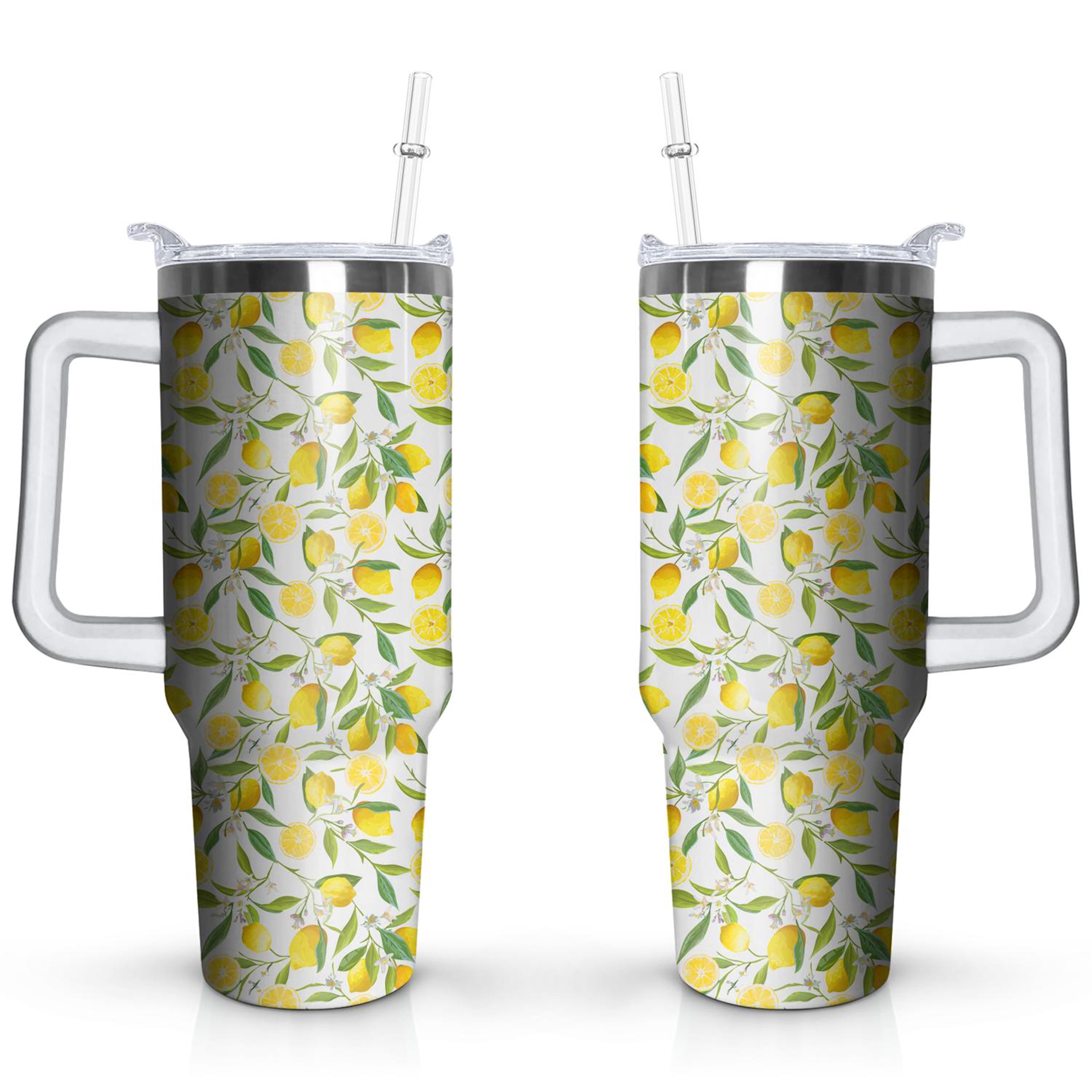 40 Oz Lemon Tumbler with Handle and Straw, Double Wall Lemon Coffee ...