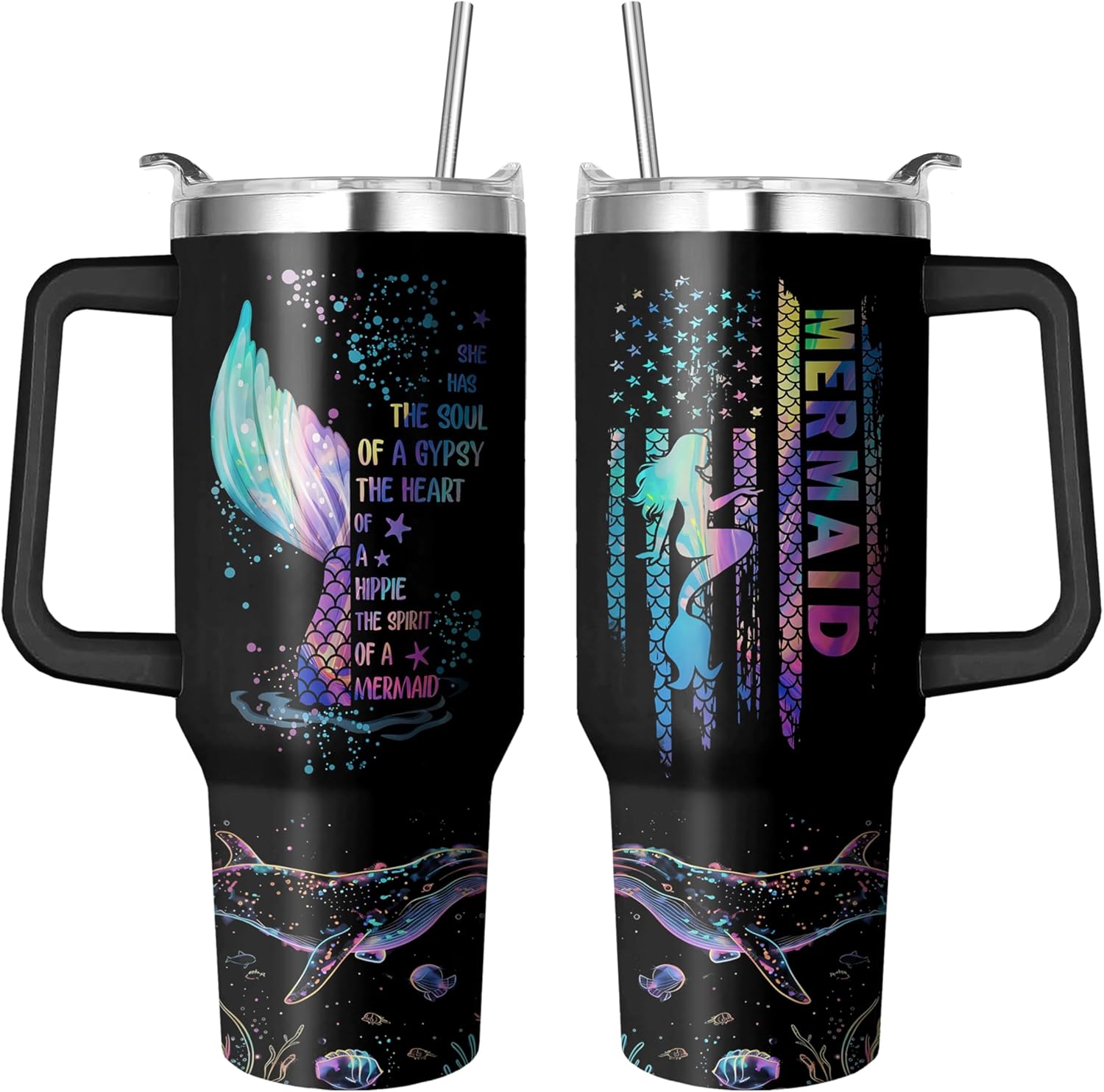 40 Oz Mermaid Tumbler with Handle and Straw, Double Wall Stainless ...