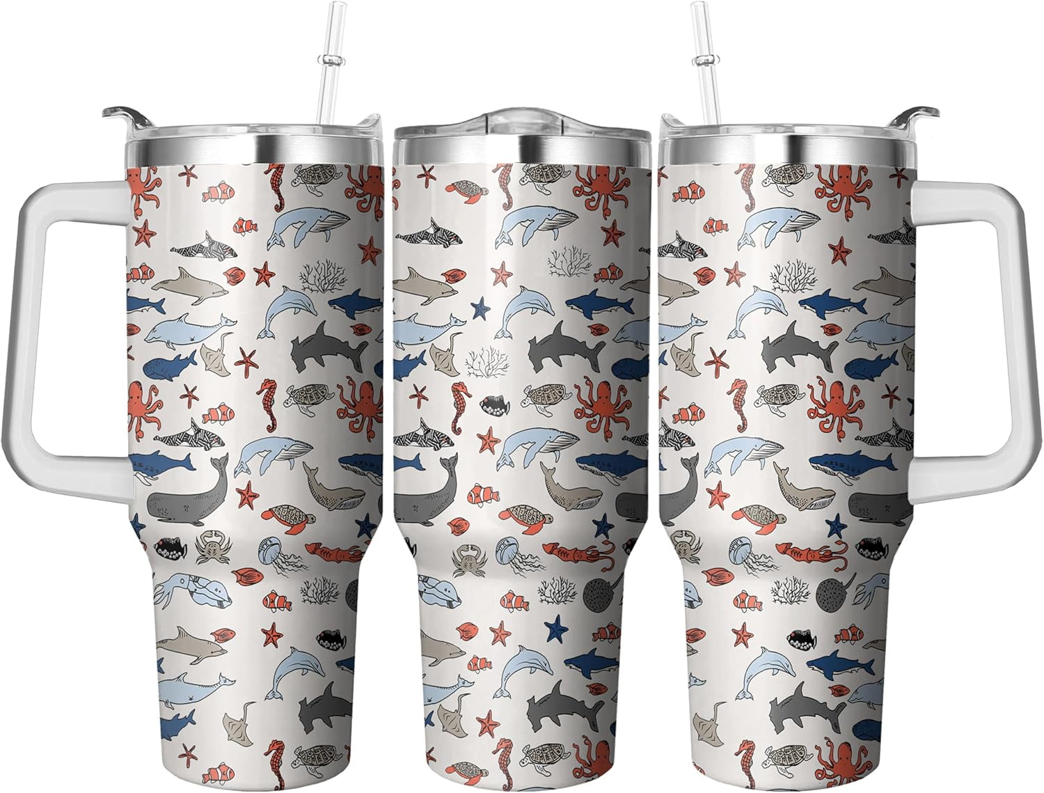 40 Oz Ocean Sea Tumbler with Handle and Straw, Double Wall Stainless ...