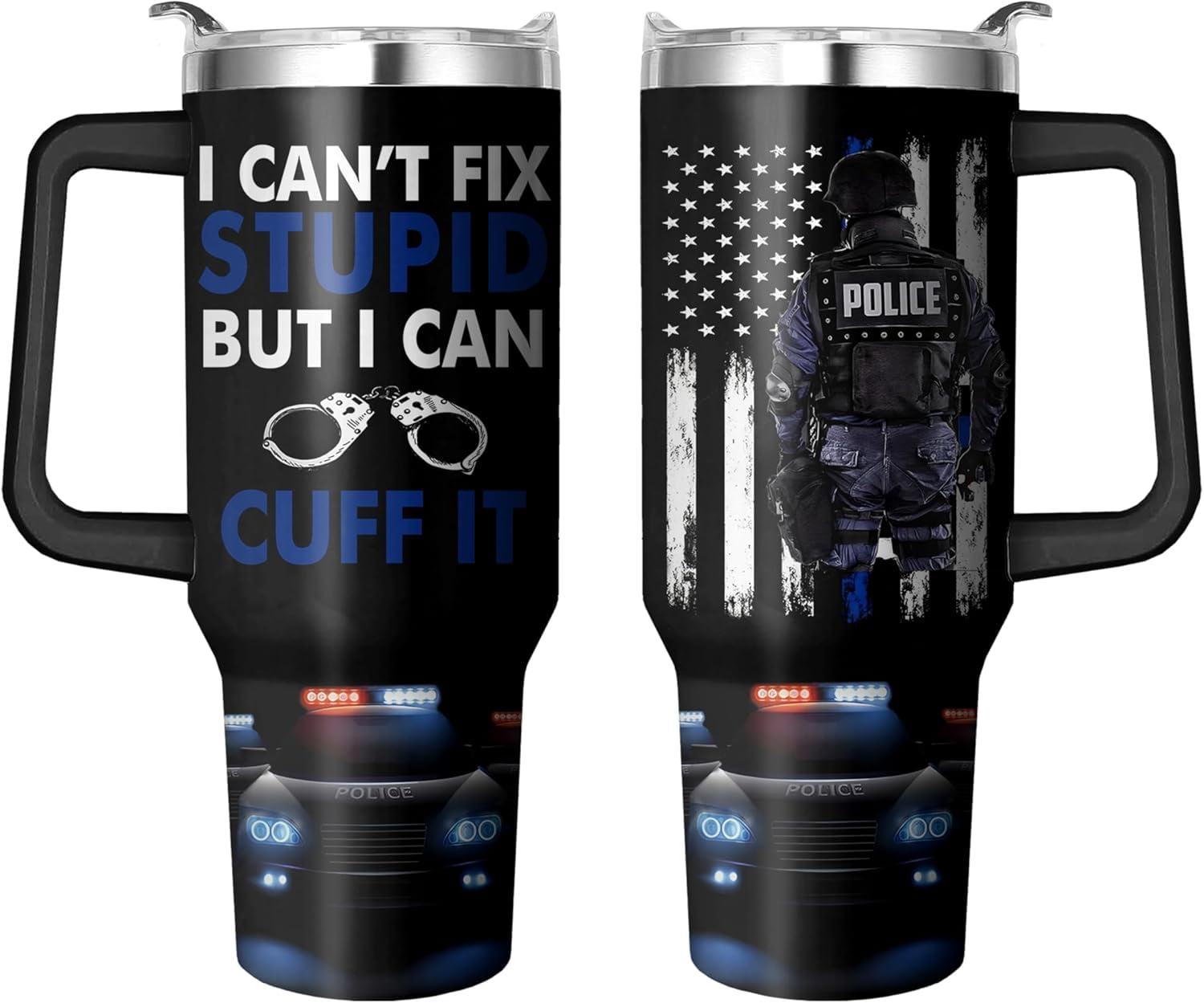 40 Oz Police Tumbler with Handle and Straw, Stainless Steel Insulated ...