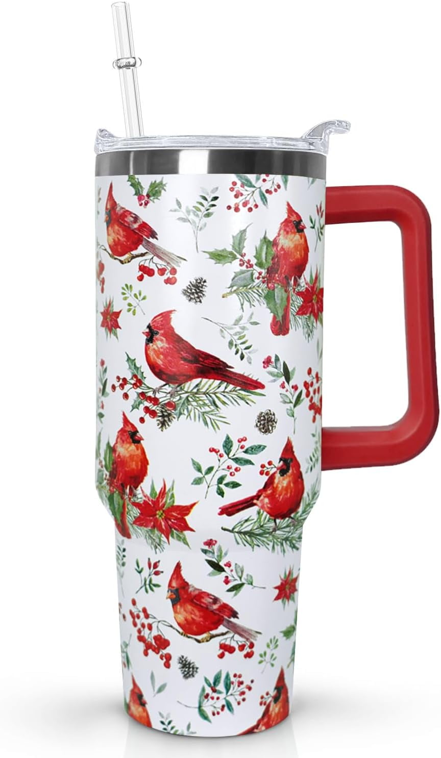 40 Oz Red Cardinal Tumbler With Handle,Christmas Coffee Travel Mug Cup ...