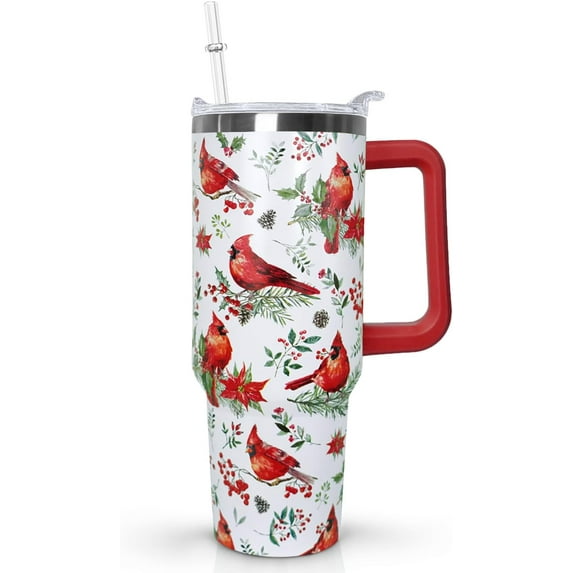 40 Oz Red Cardinal Tumbler With Handle,Christmas Coffee Travel Mug Cup ...