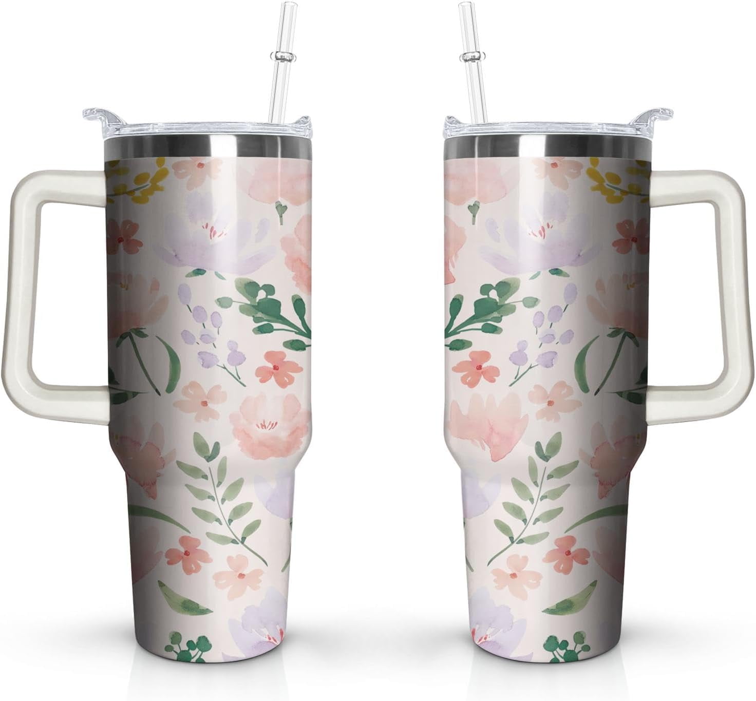 40 Oz Tumbler with Handle and Straw Insulated Double Walled Stainless ...