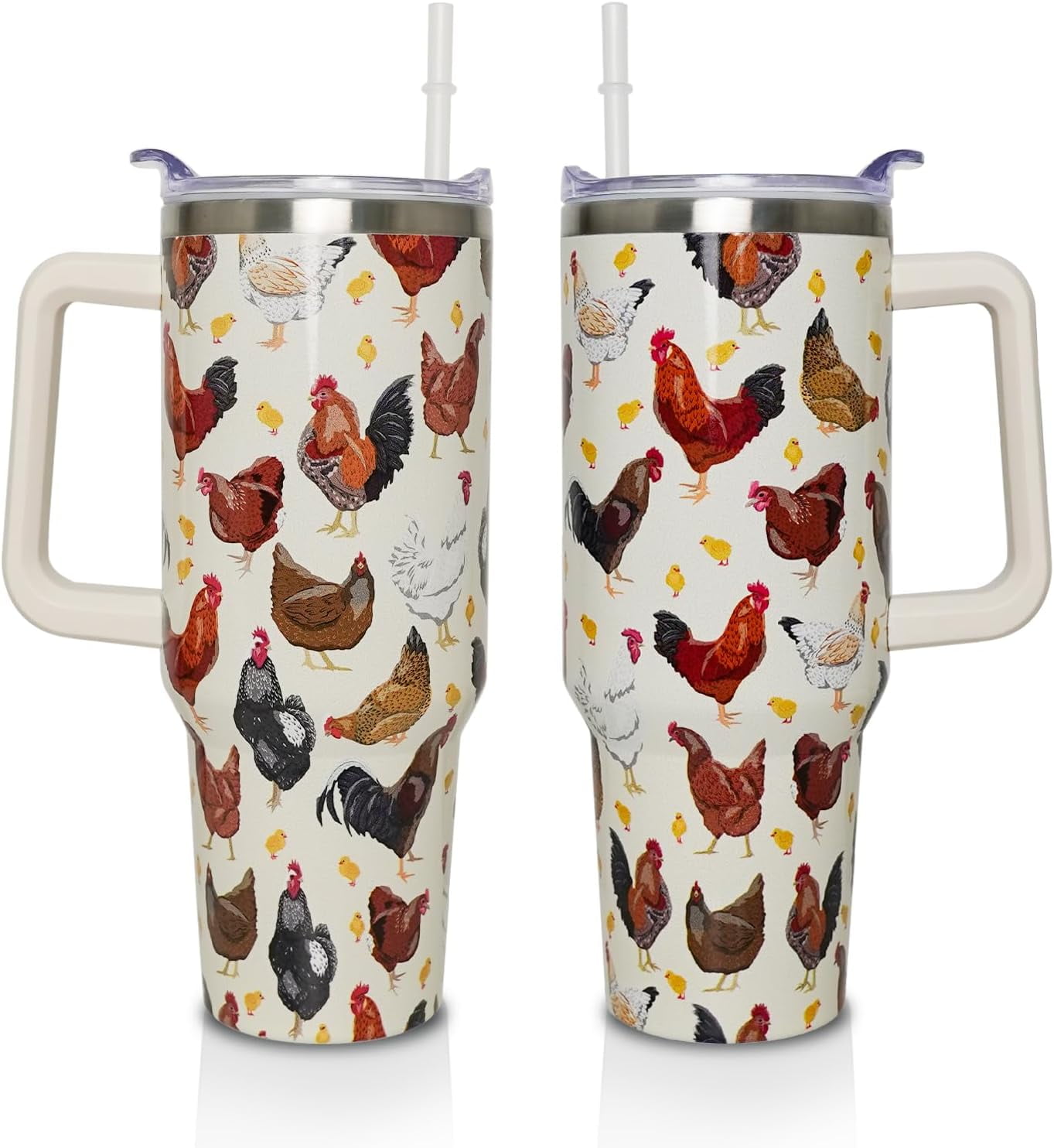 40 Oz Tumbler with Handle and Straw Lid, Farmhouse Roosters Pattern ...