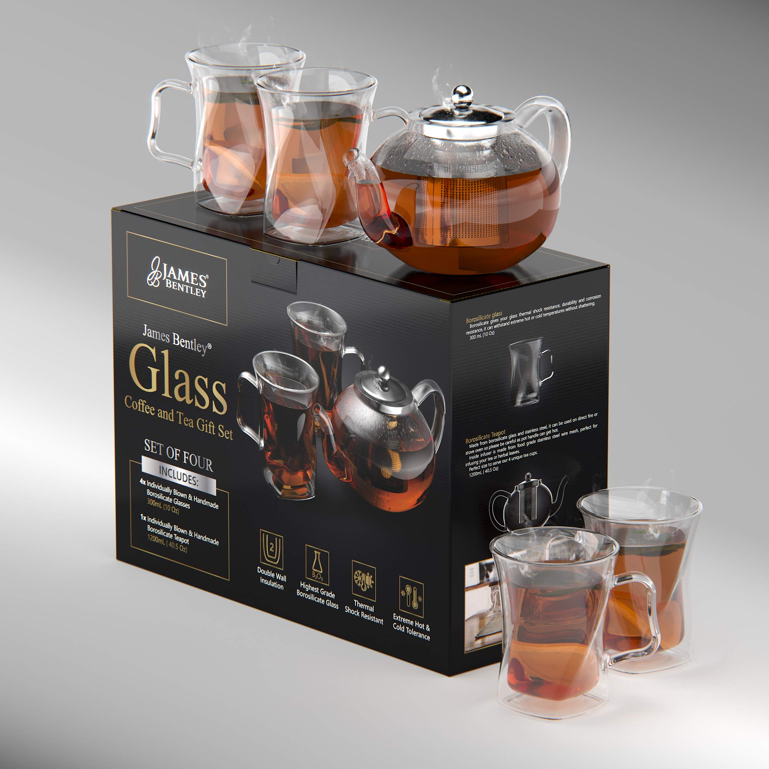 40 Oz Unique Tea pot Set, Glass teapot Set with 4 double wall insulated ...