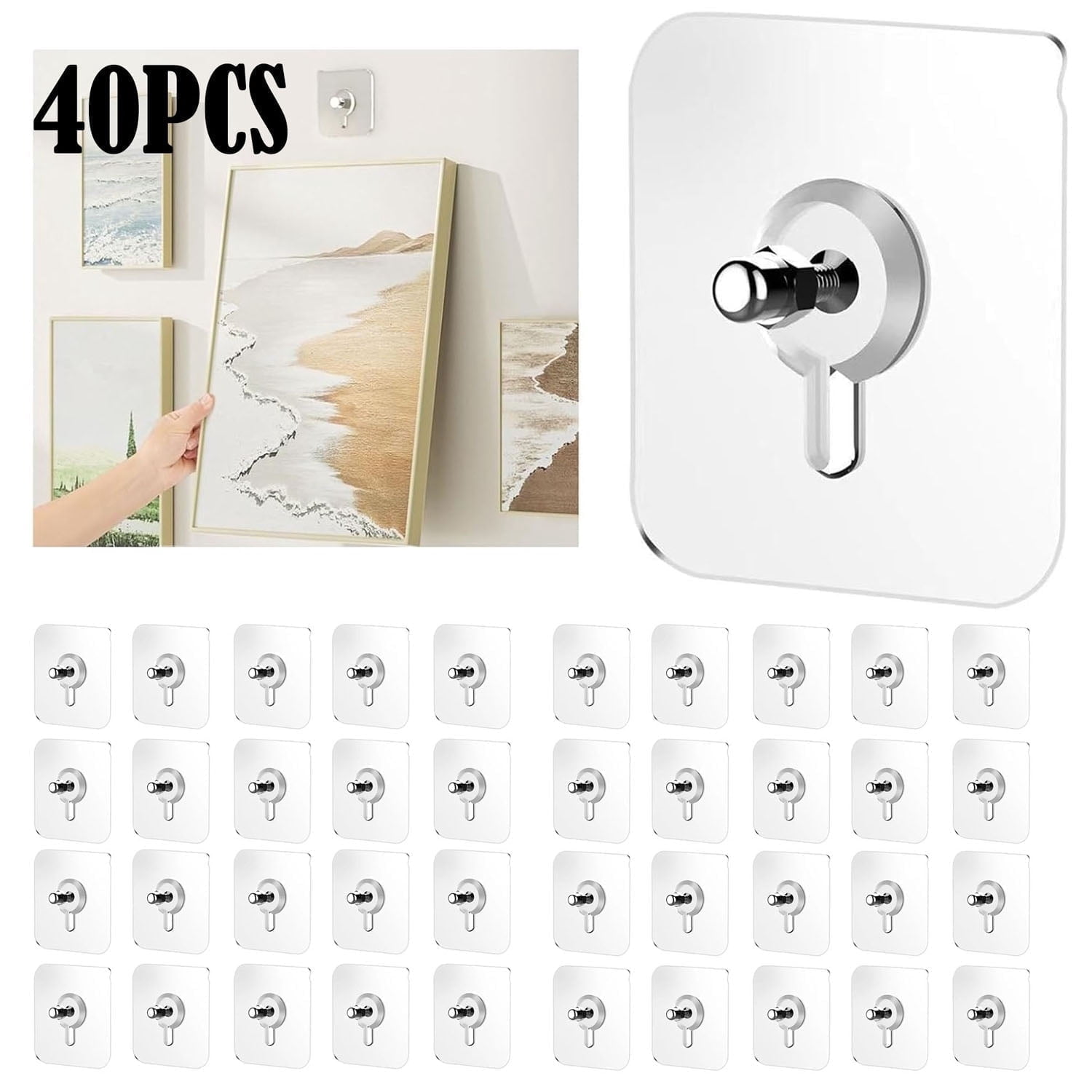 40 pack Drill Free Adhesive Hooks,No Drill Picture Hangers,8mm Clear ...