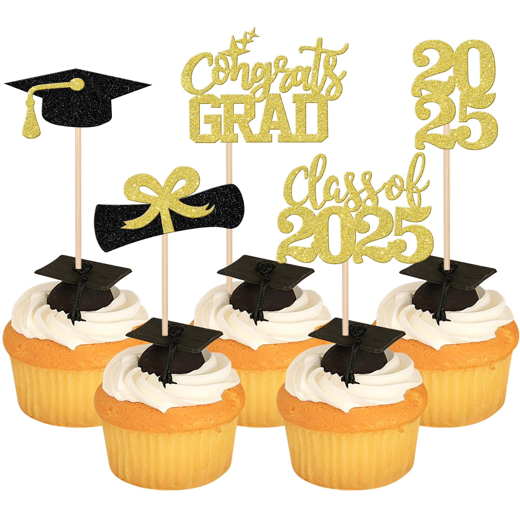 40 PCS 2025 Graduation Theme Cupcake RST1 Toppers Glitter of 2025 ...