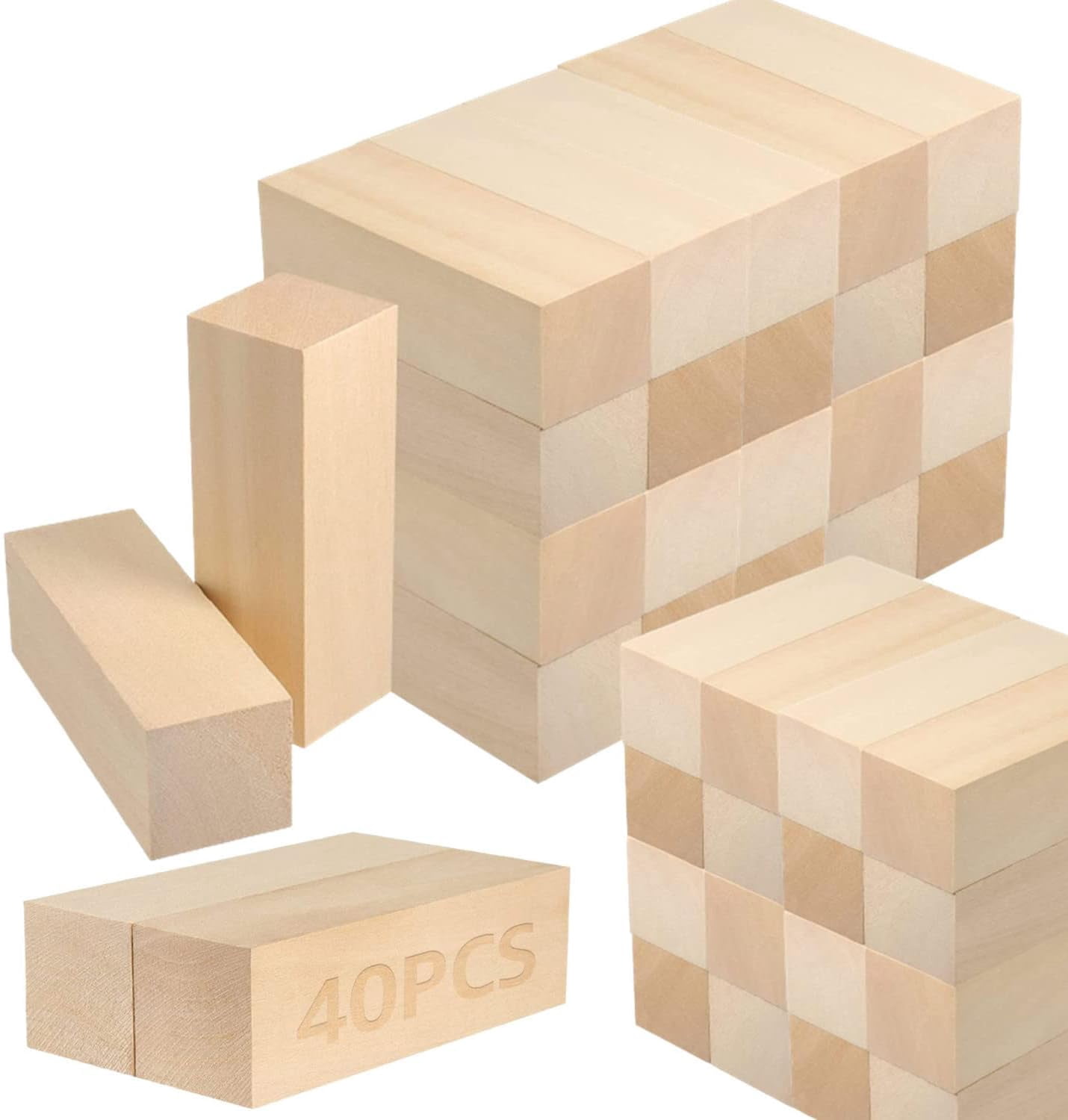 40 PCS Basswood Carving Blocks, 4" x 1" x 1" Unfinished Wood Blocks for ...