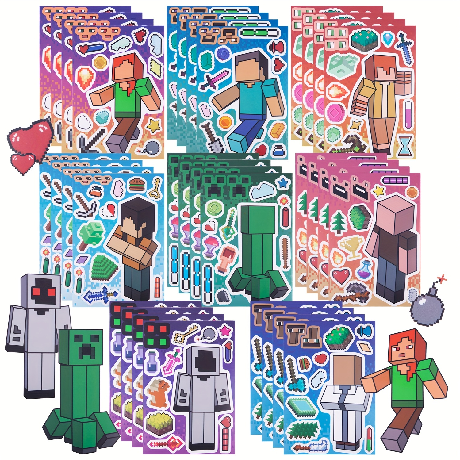 40 PCS Blocky DIY Stickers - 5.8x4.4in Pixel Faces Swap Kit for Dolls ...