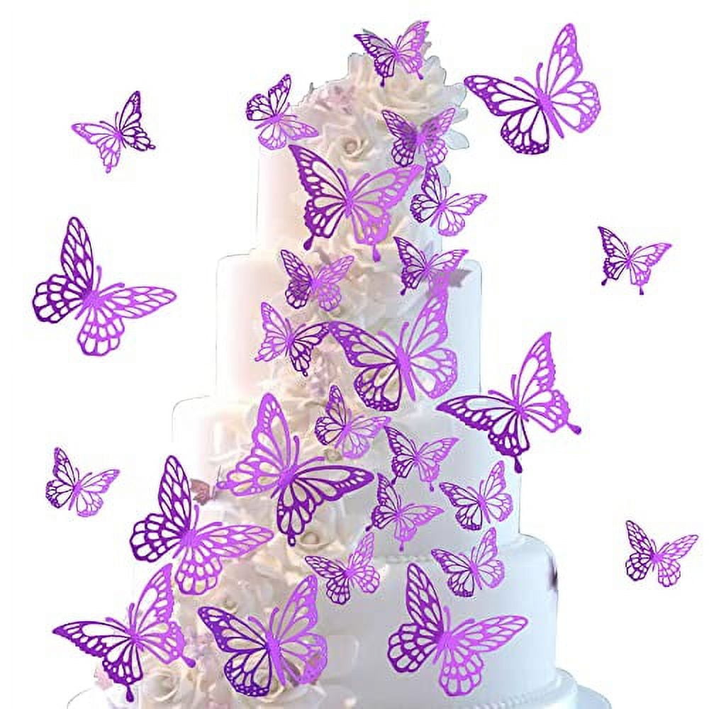 40 PCS Deep Purple Laser 3D Butterfly Cupcake Toppers Hollow Arts ...