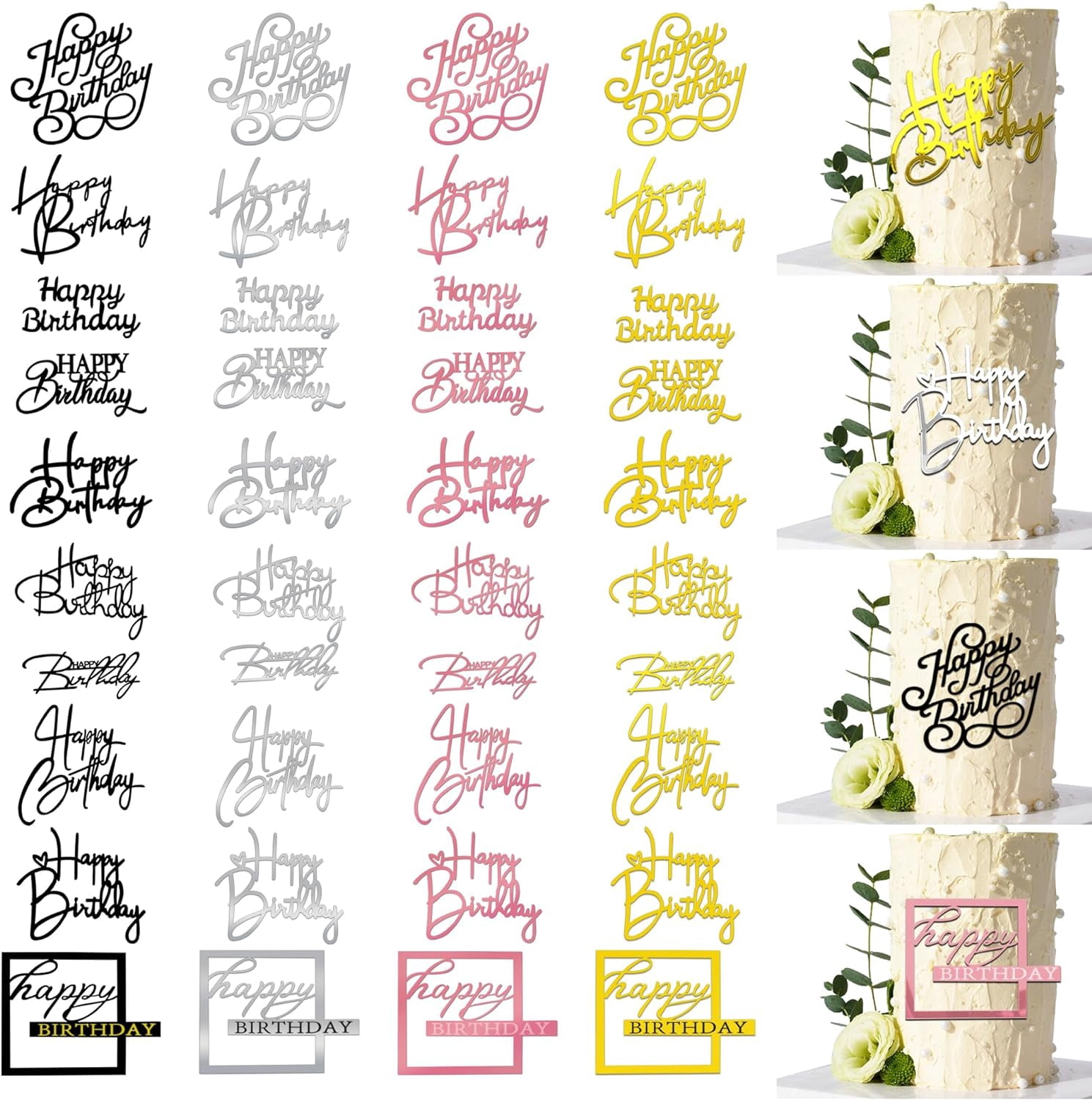 40 PCS Happy Birthday Cake Toppers Mirror Acrylic Toppers with 10 ...