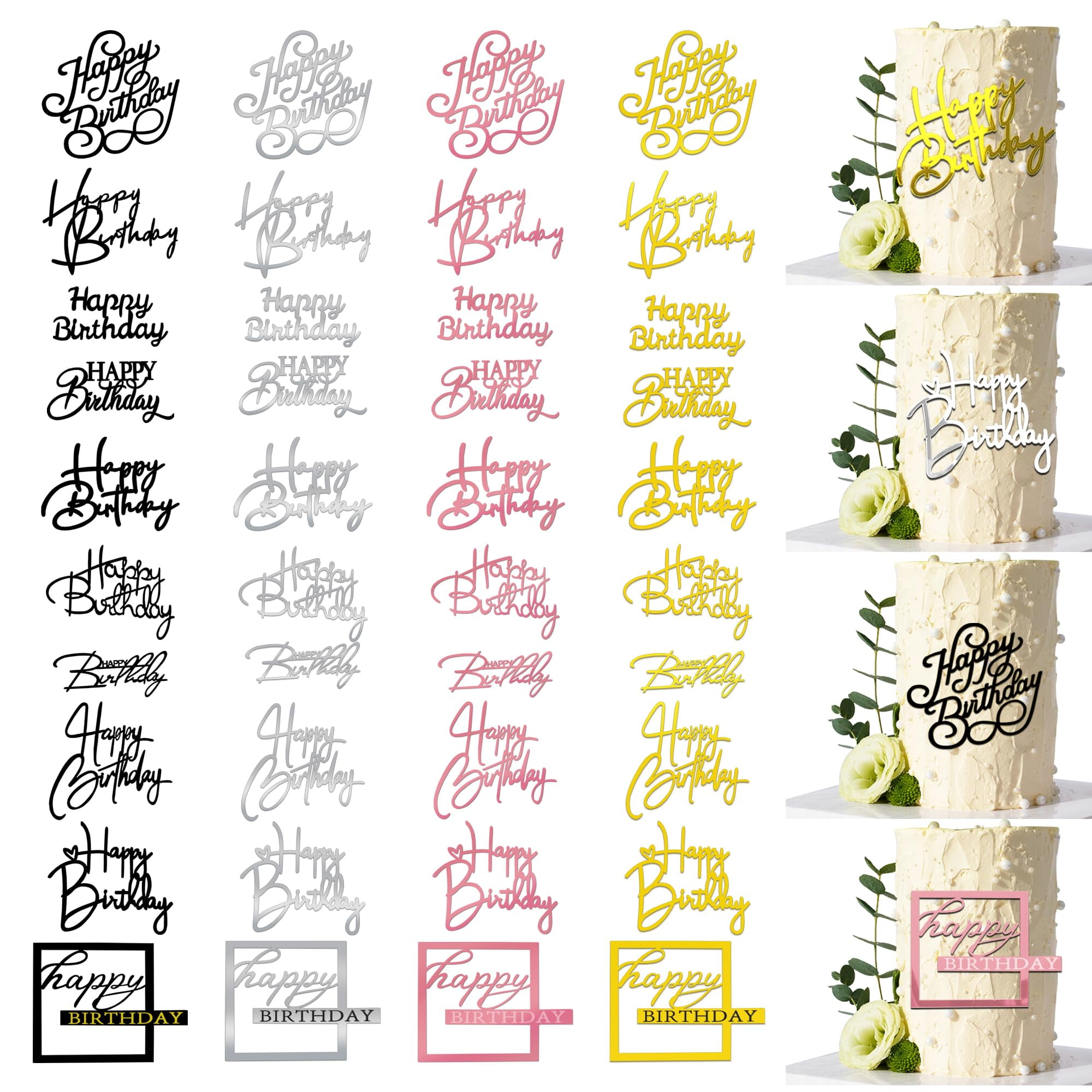 40 PCS Happy Birthday Cake Toppers RST1 Mirror Acrylic Toppers with 10 ...
