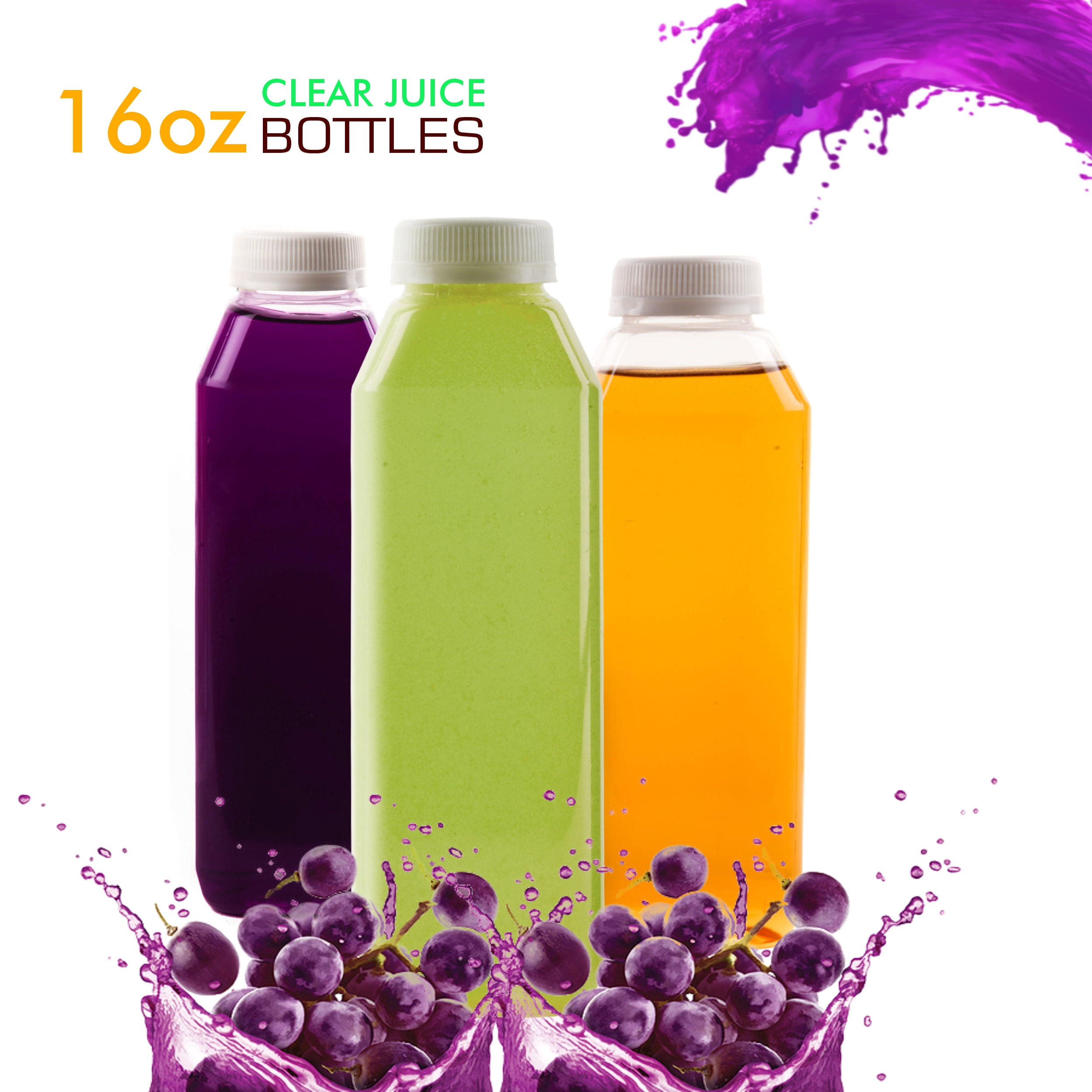 [40 Pack] 16 OZ Clear Square Plastic Juice Bottles with Tamper Evident ...
