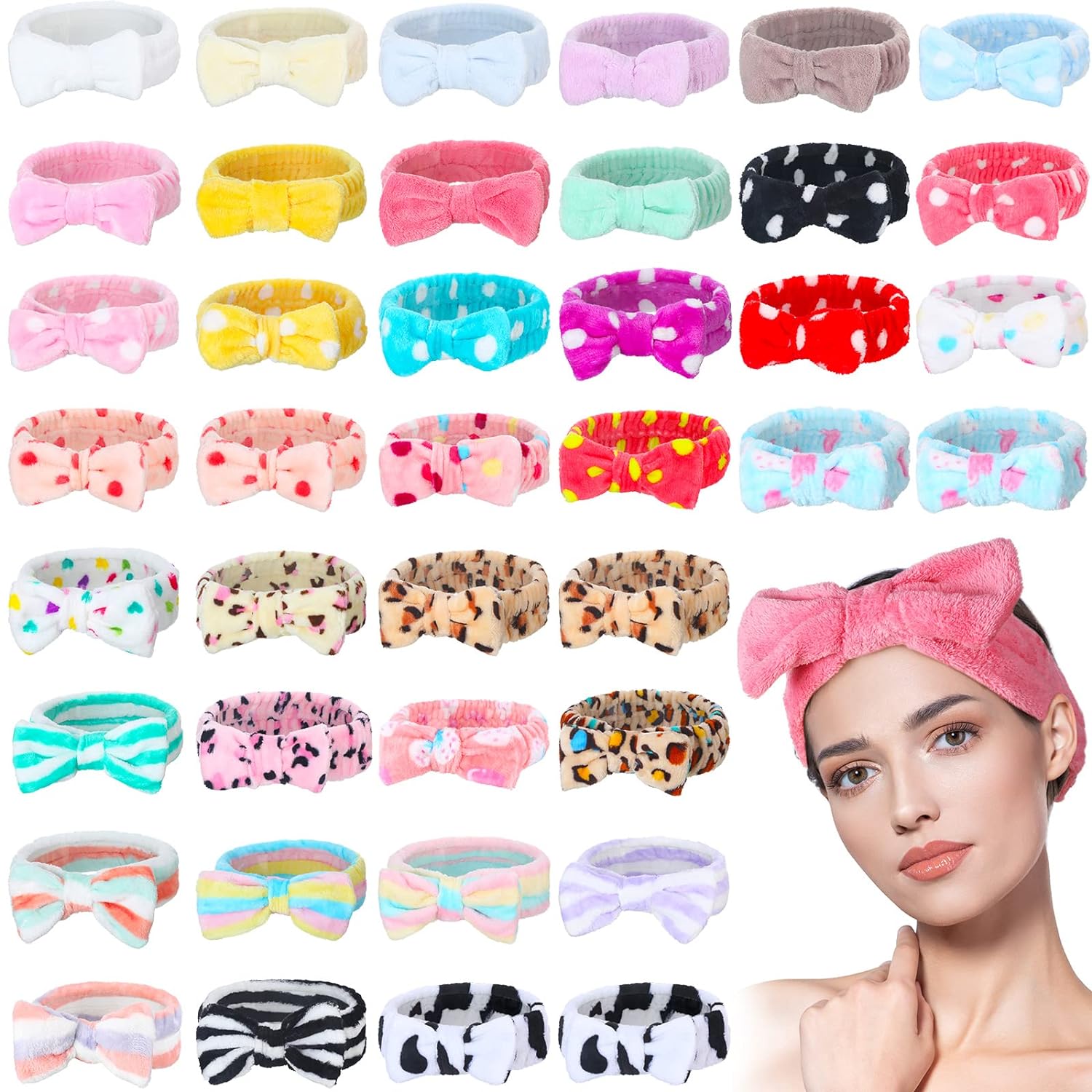 40 Pack Bow Spa Headband Coral Fleece Makeup Soft Face Wash Headband ...
