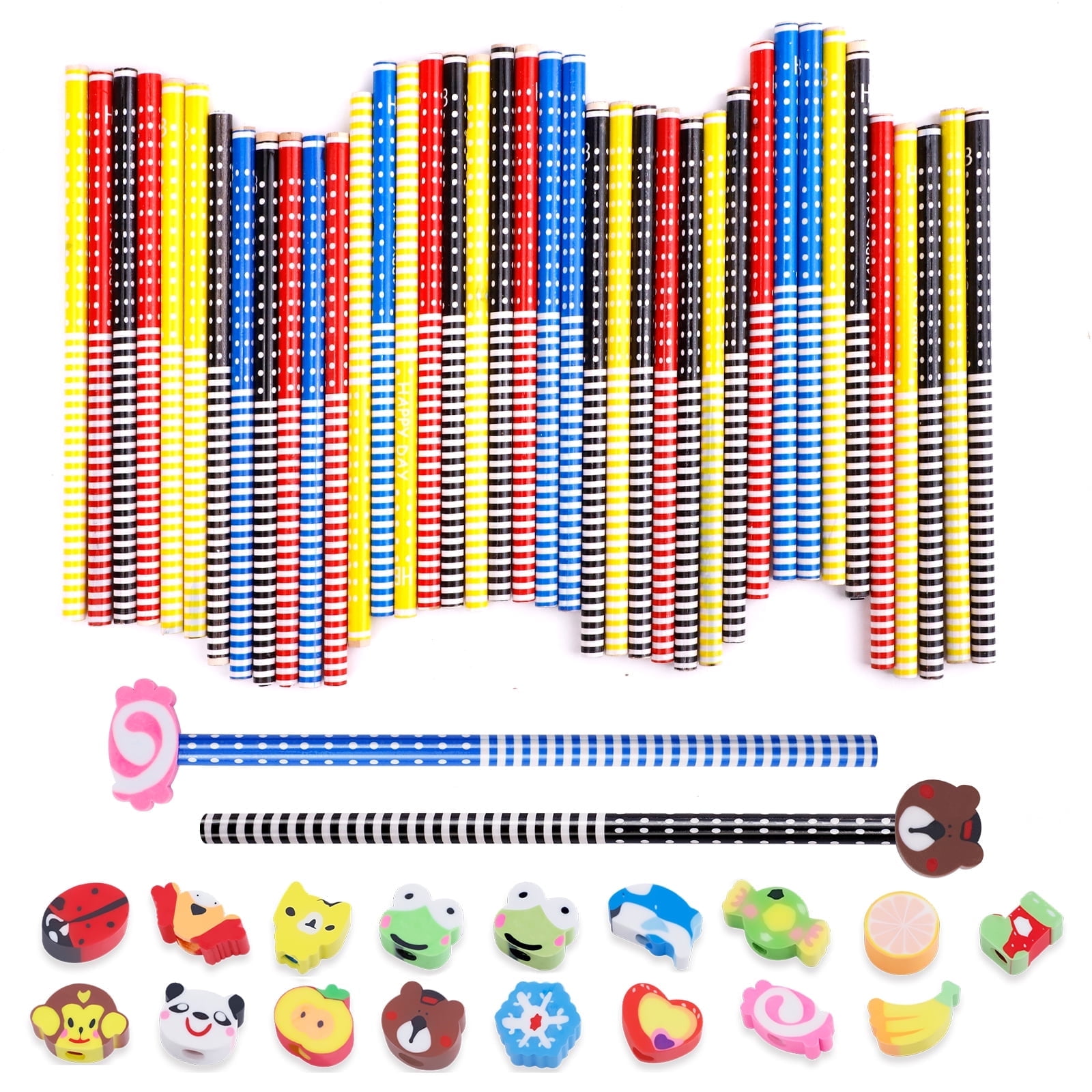 40 Pack Colorful HB Pencils with Cartoon Erasers Toppers, Cute Novelty ...