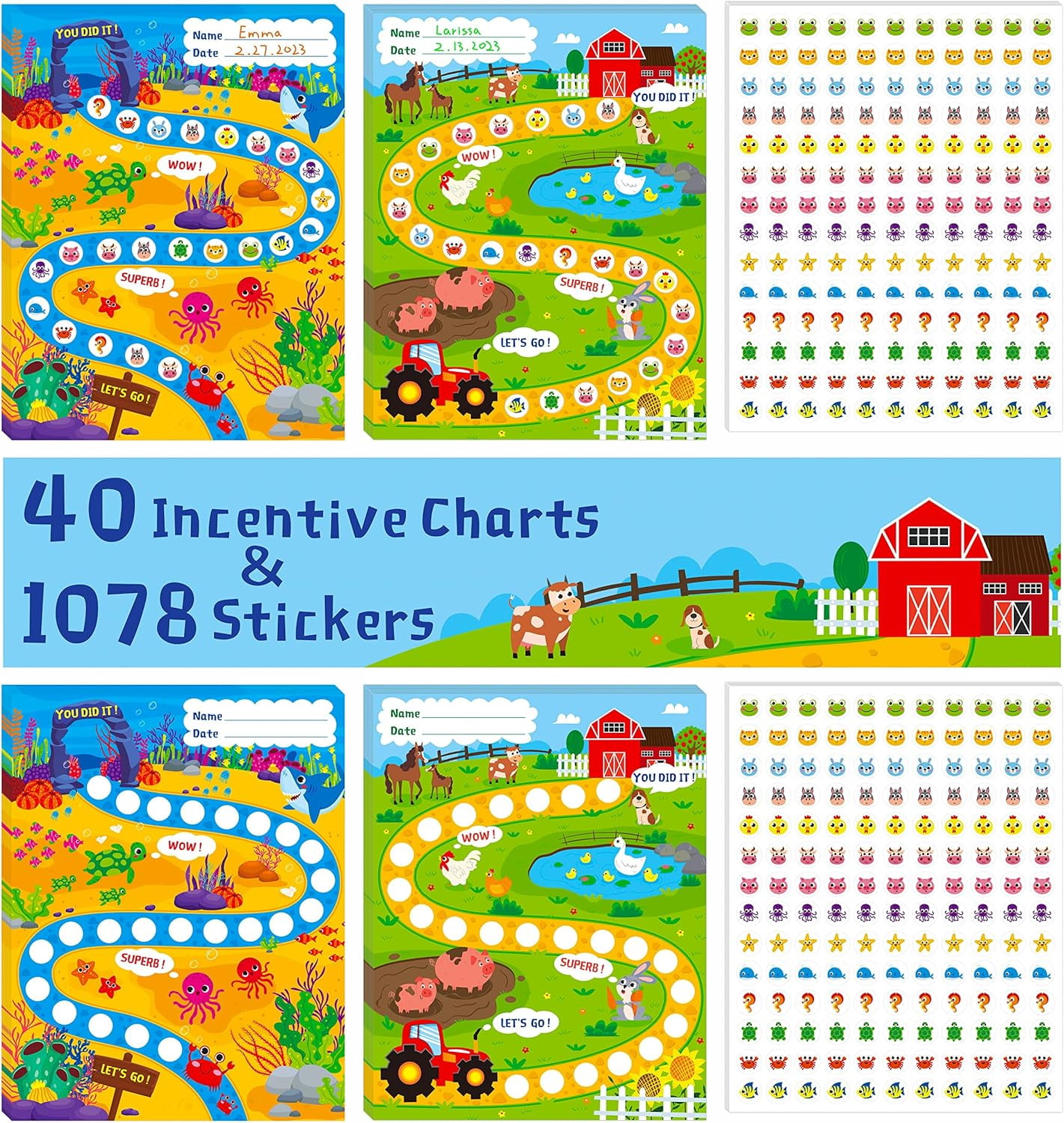 40 Pack Incentive Chart, 2 Adorable Designs with 1078 Stickers ...