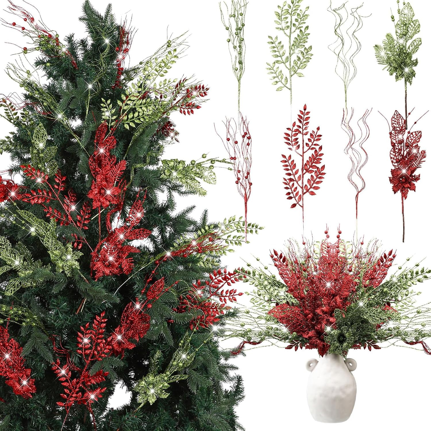 40 Pack Red Green Christmas Picks and Sprays for Tree 17.5'' Artificial ...