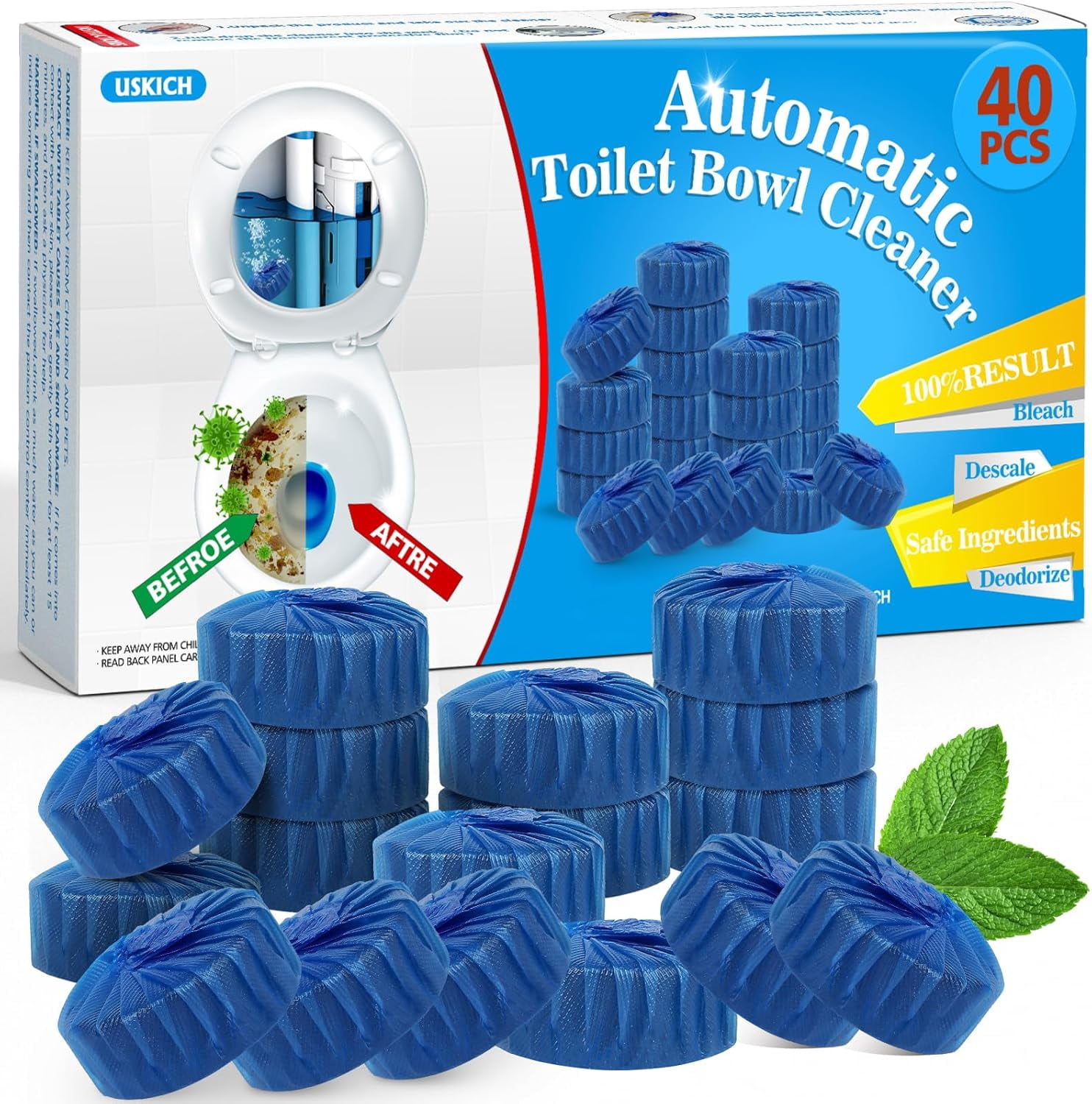 40 Pack Toilet Bowl Cleaner Tablets,Blue Automatic Toilet Tank Cleaners ...