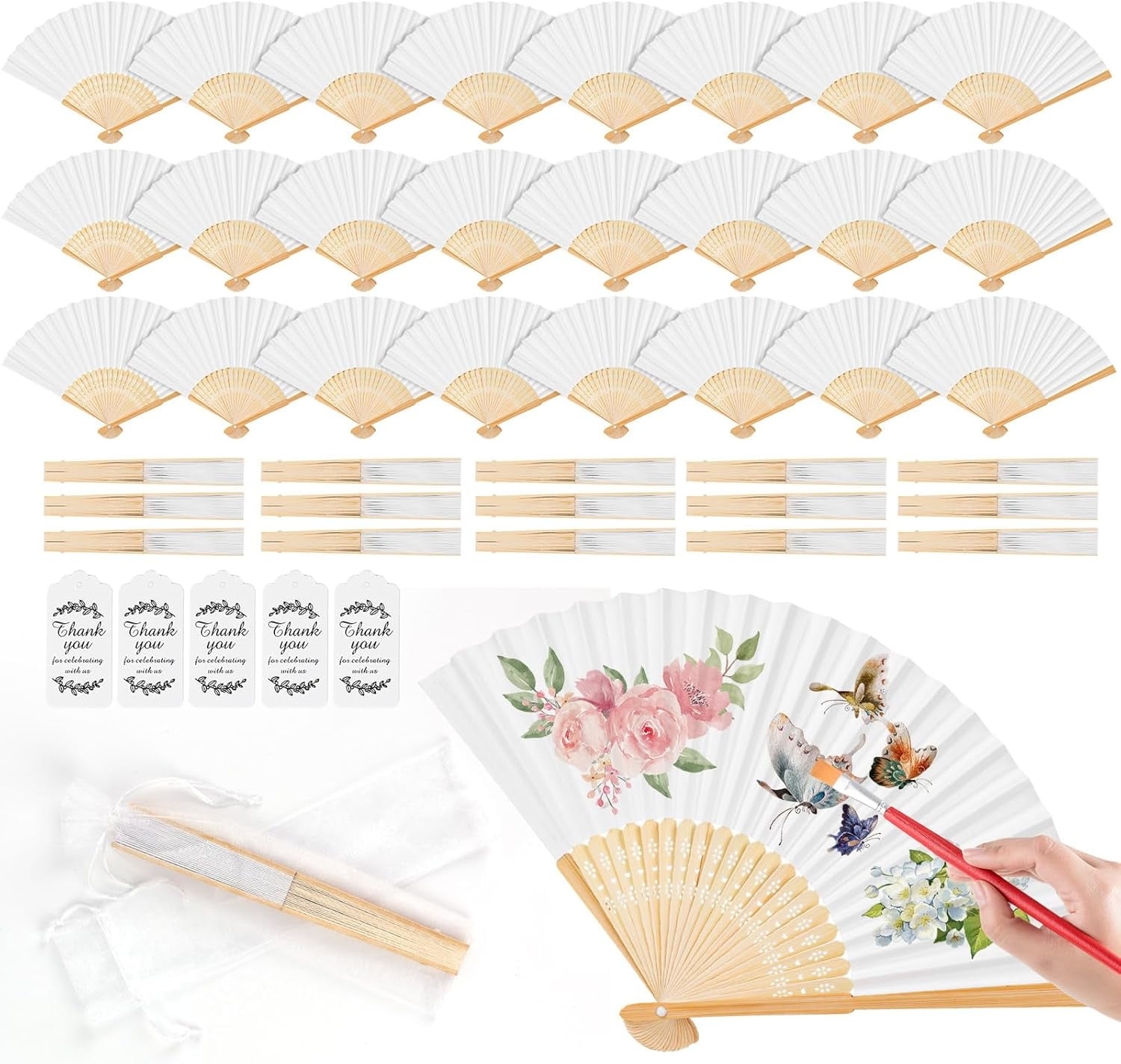 40 Pack White Paper Fans Set, Handheld Blank Folding Fans with Organza ...