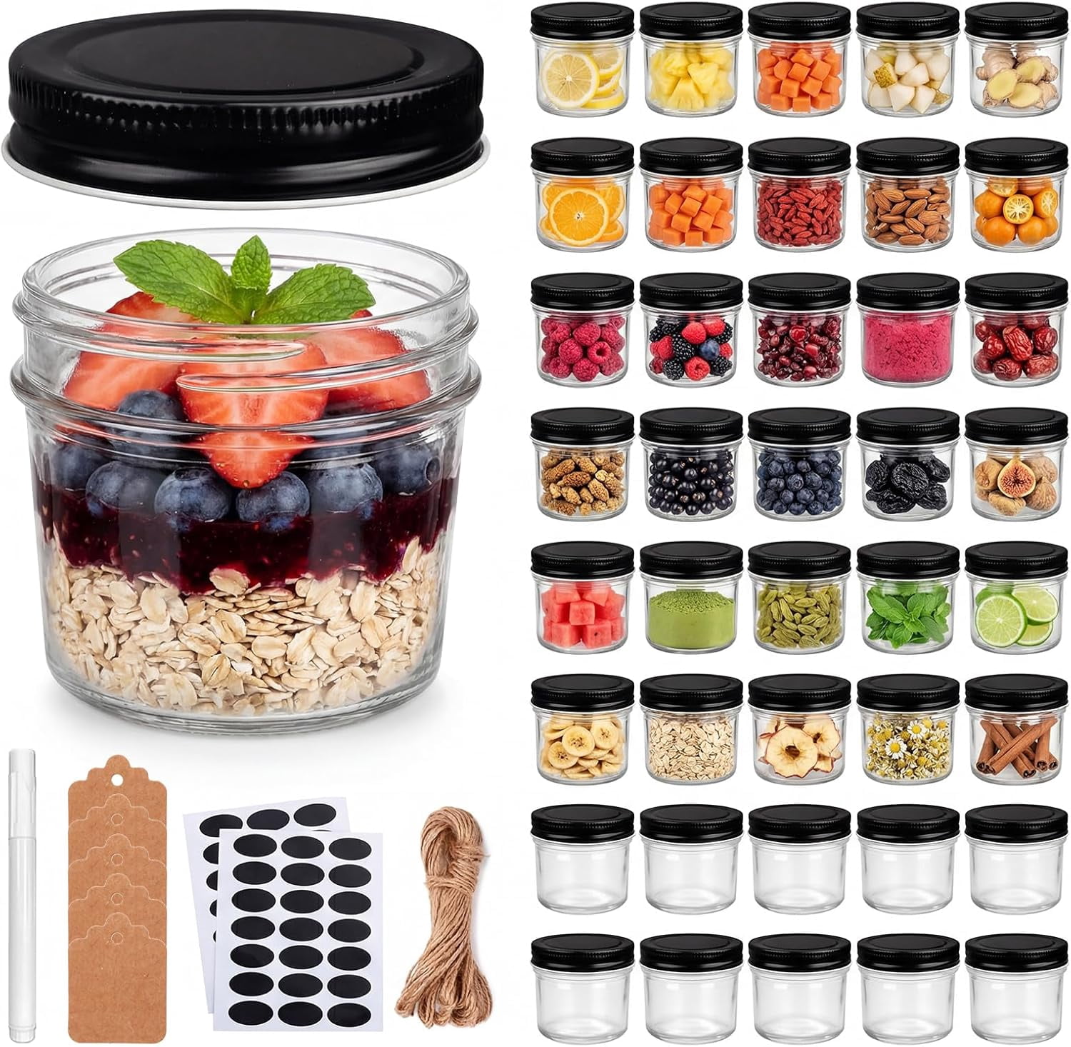 40 Packs 4oz Glass Mini Mason Jars with Lids(Black), Clear Glass Jars ...