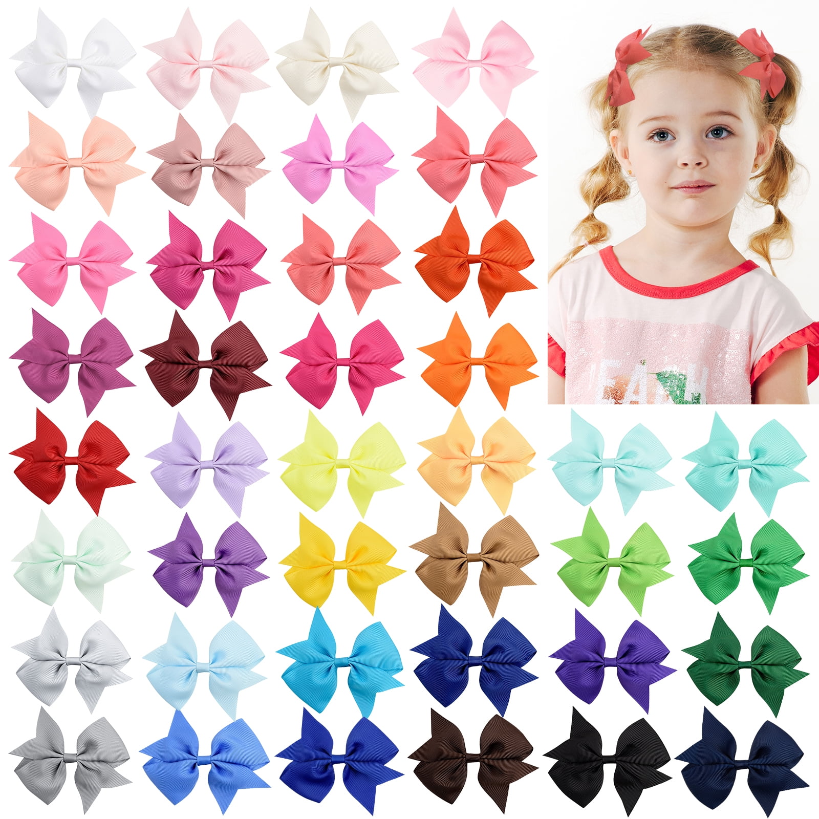 40 Pcs 4 inch Hair Bows Clips Ribbon Pinwheel Hair Bows Solid Colors ...