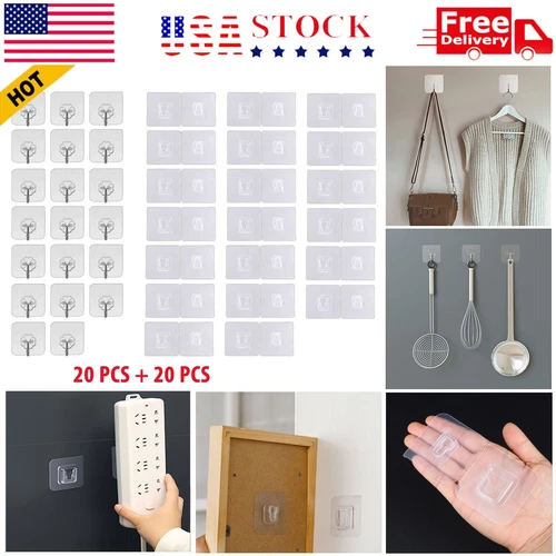 40 Pcs Adhesive Sticky Hooks And Double Sided Wall Seamless Hangers ...
