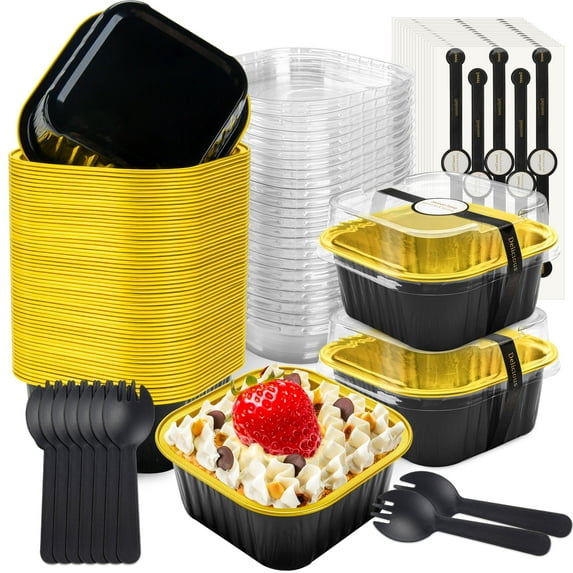 40 Pcs Black Aluminum Foil Mini Baking Pans with Clear Lids and Spoons ...