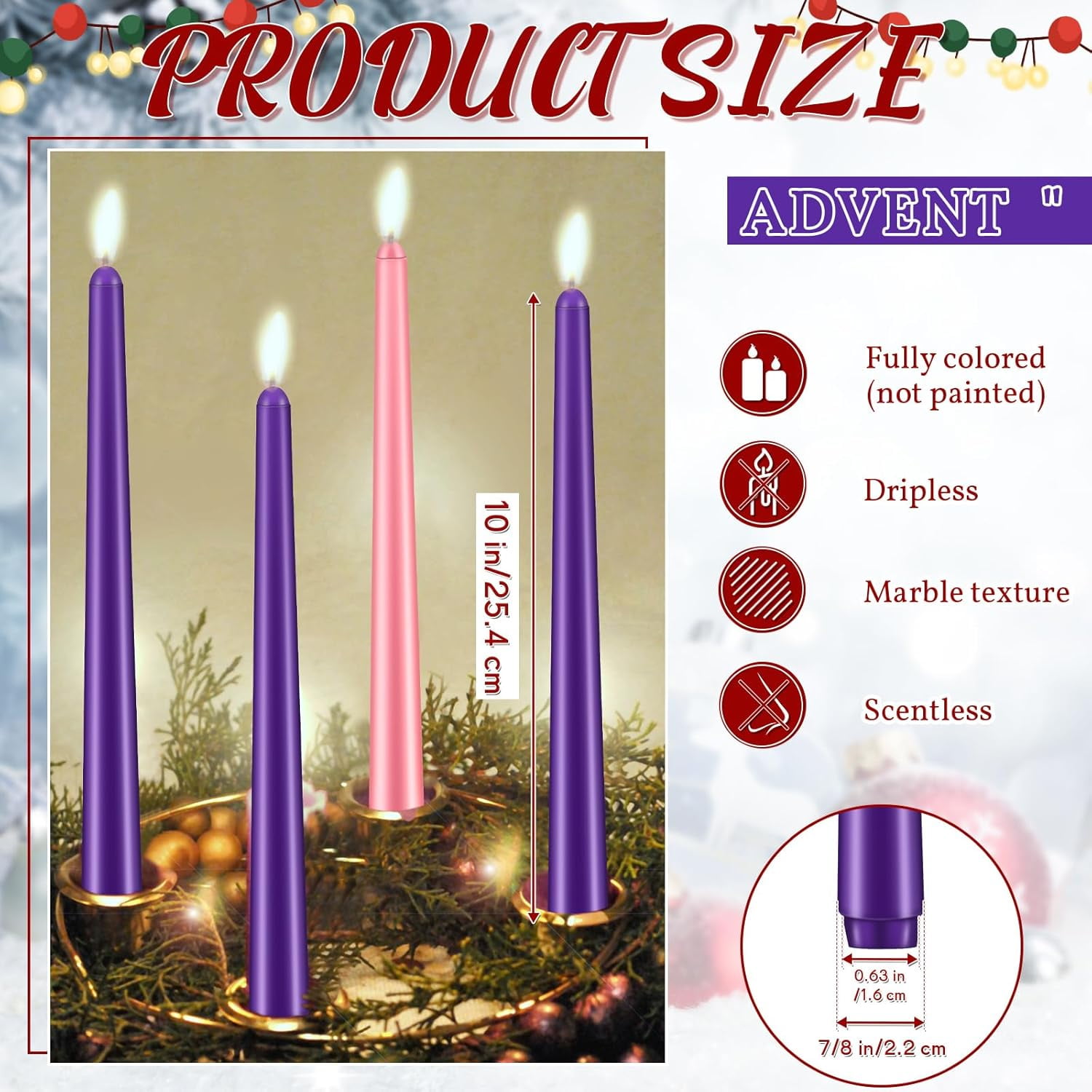 40 Pcs Christmas Advent Candle Set Taper Candles 10 Inch and Pink ...