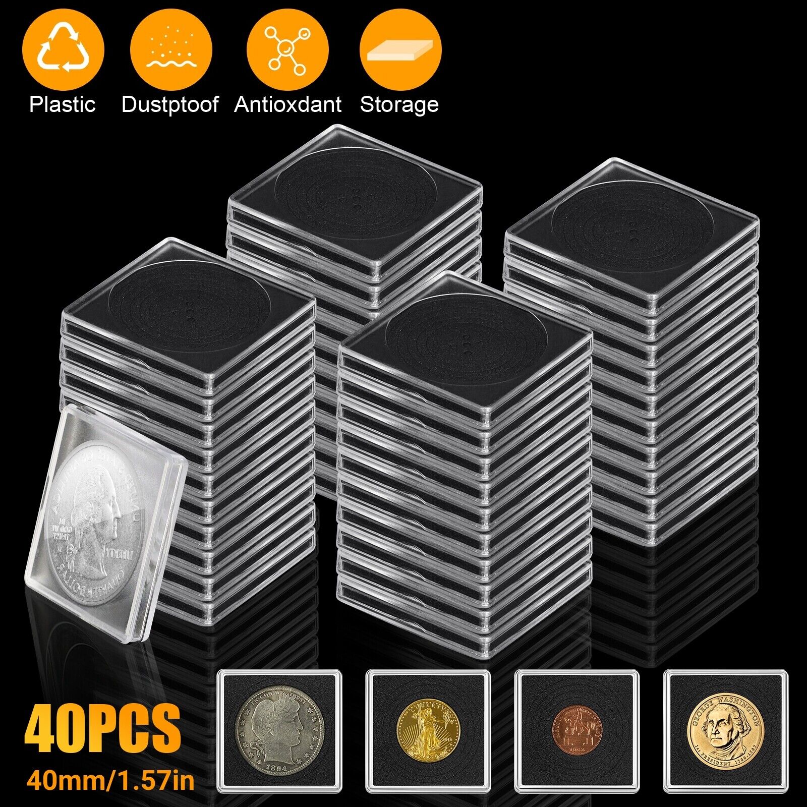 40 Pcs Coin Snap Holder Capsules 40mm Silver Storage Case w/ 5 Sizes ...