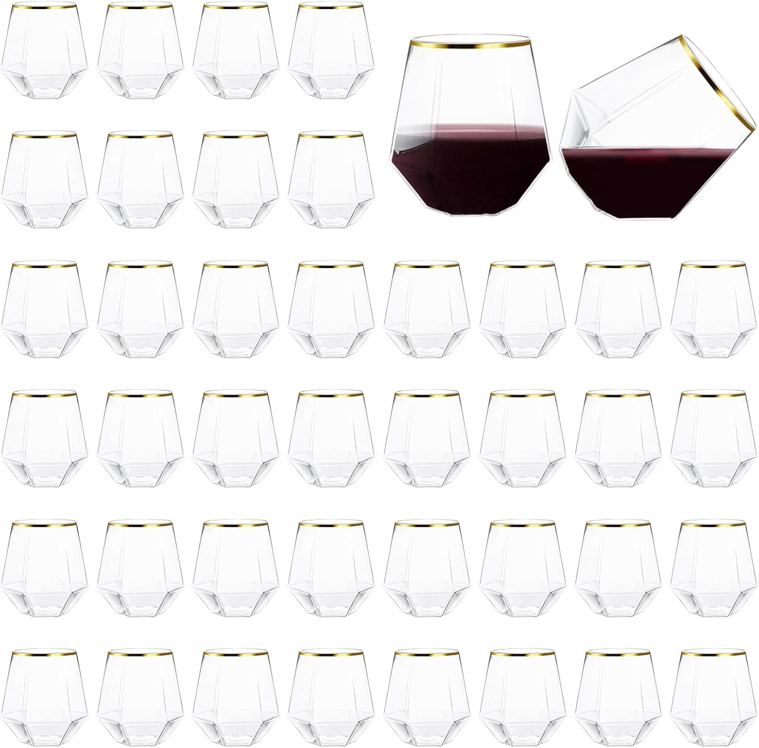 40 Pcs Plastic Wine Cups Gold Rim Plastic Diamond Wine Glass Disposable ...