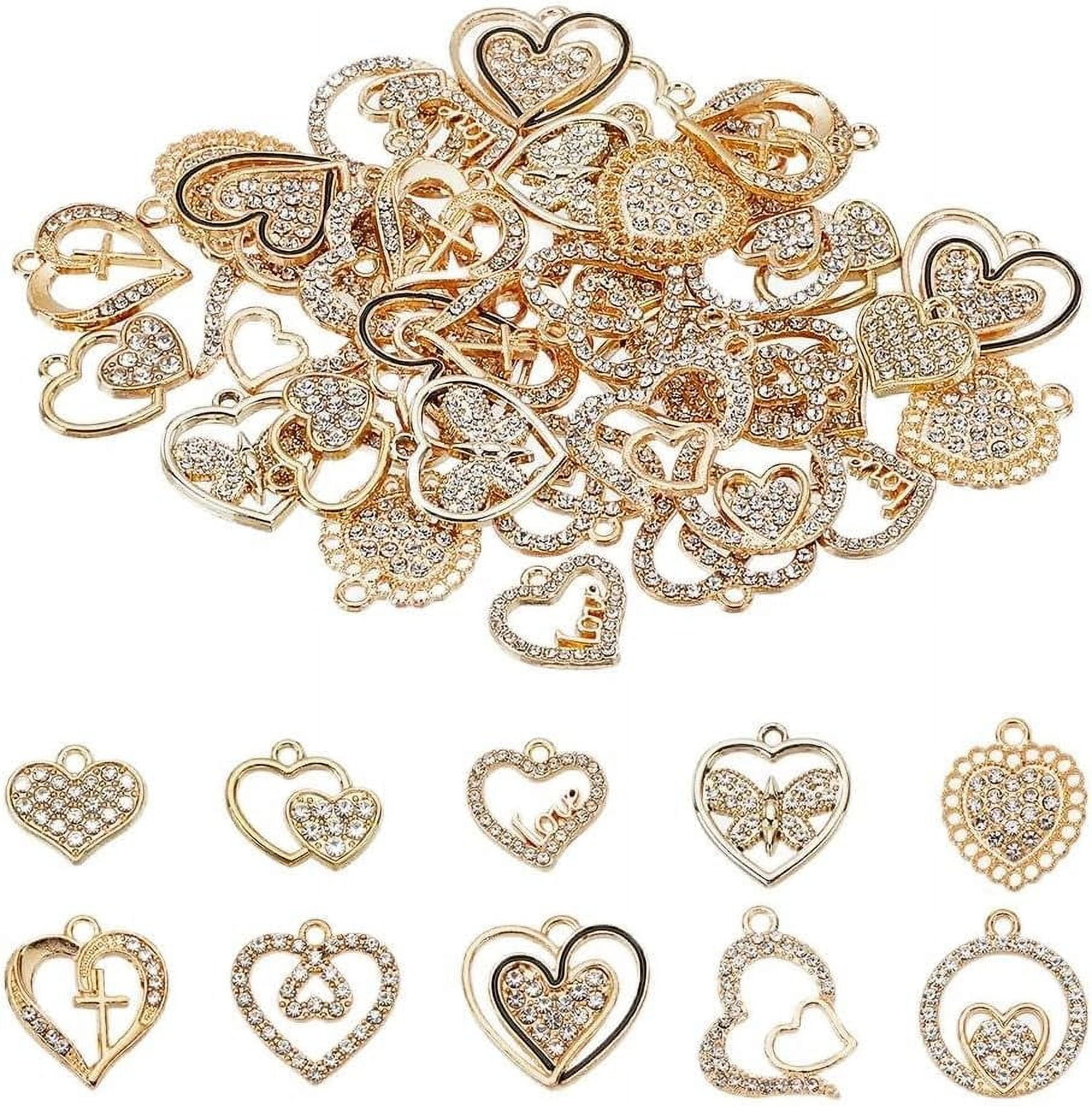 40 Pcs Rhinestone Heart Pendants Bulk 10 Styles Golden Butterfly Cross ...